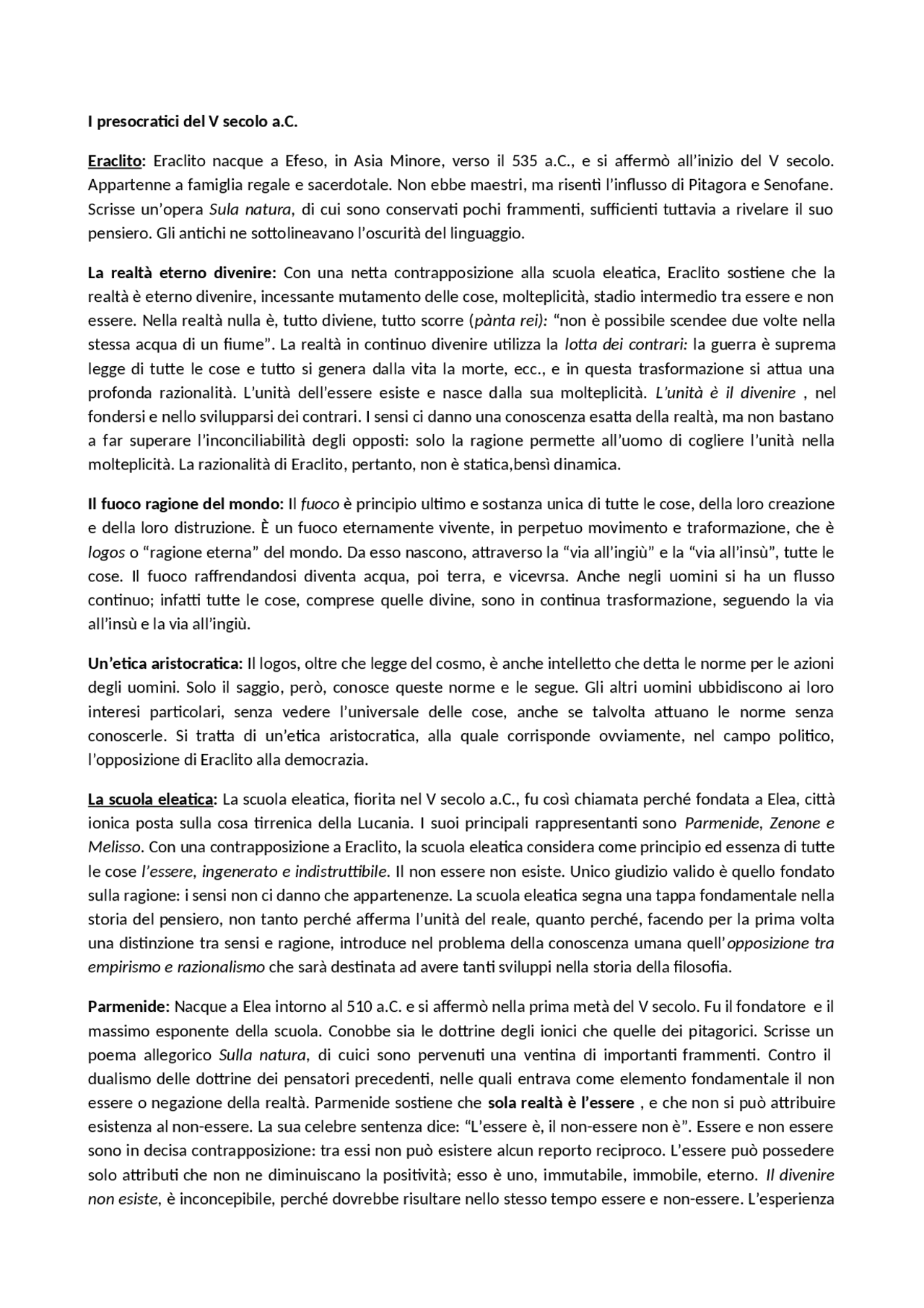 Riassunto Presocratici Del V Secolo Ac Docsity
