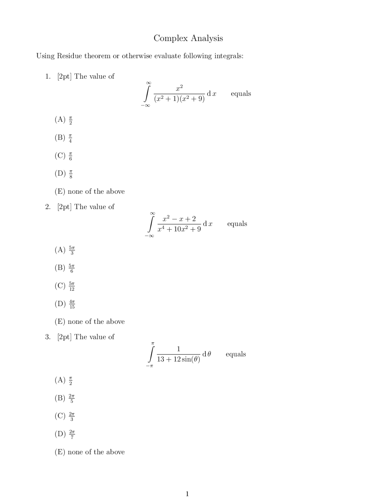 Assignment Of Complex Analysis Docsity