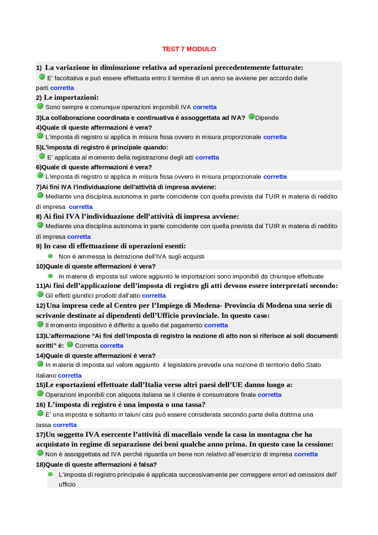 Test Svolto N8 Diritto Tributario Docsity