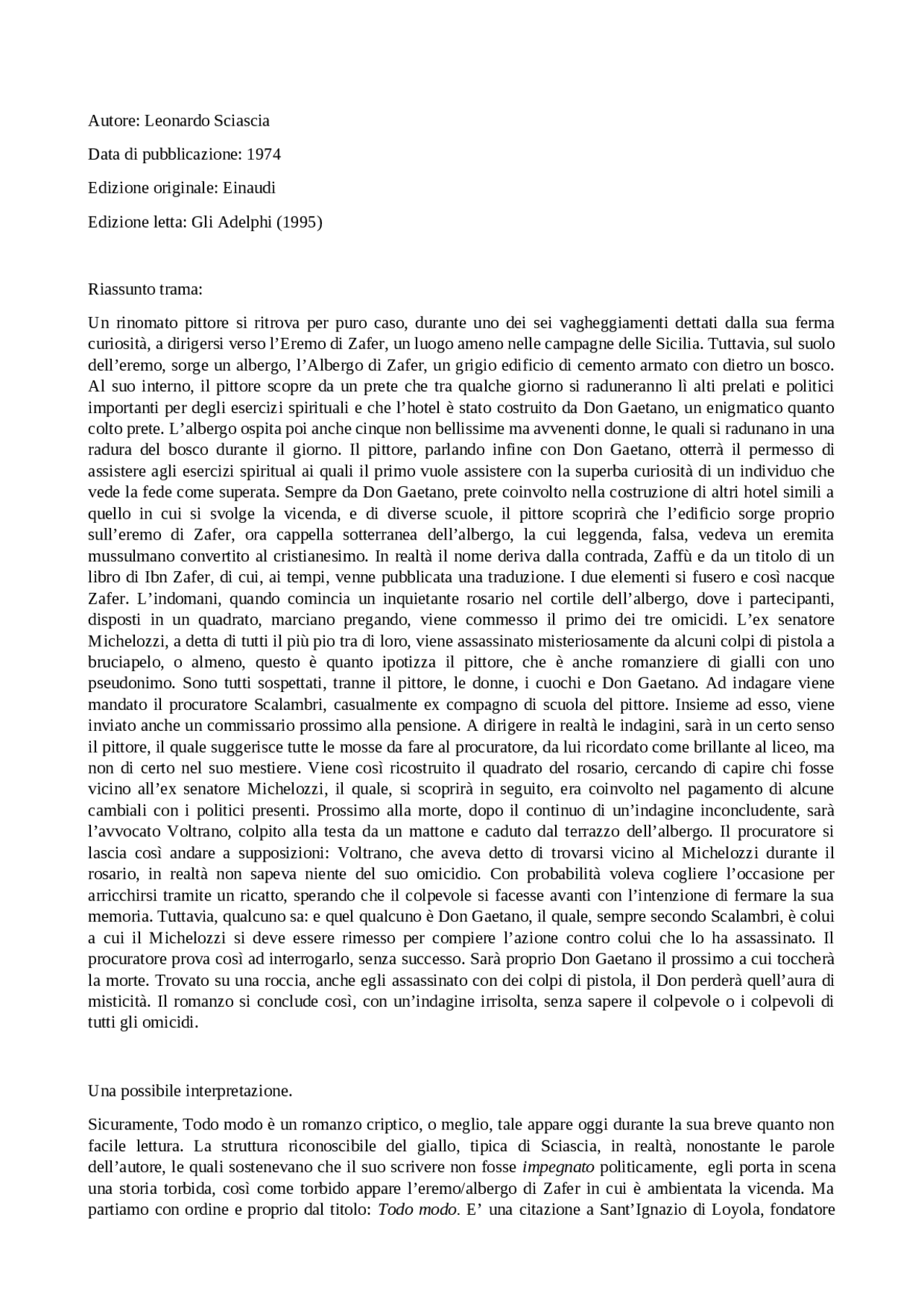 Todo Modo Riassunto E Analisi Docsity