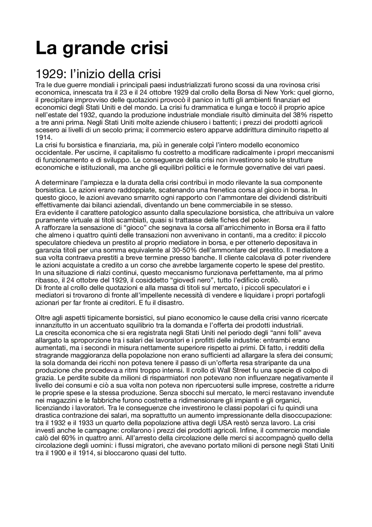 La Grande Crisi Del 1929 Docsity