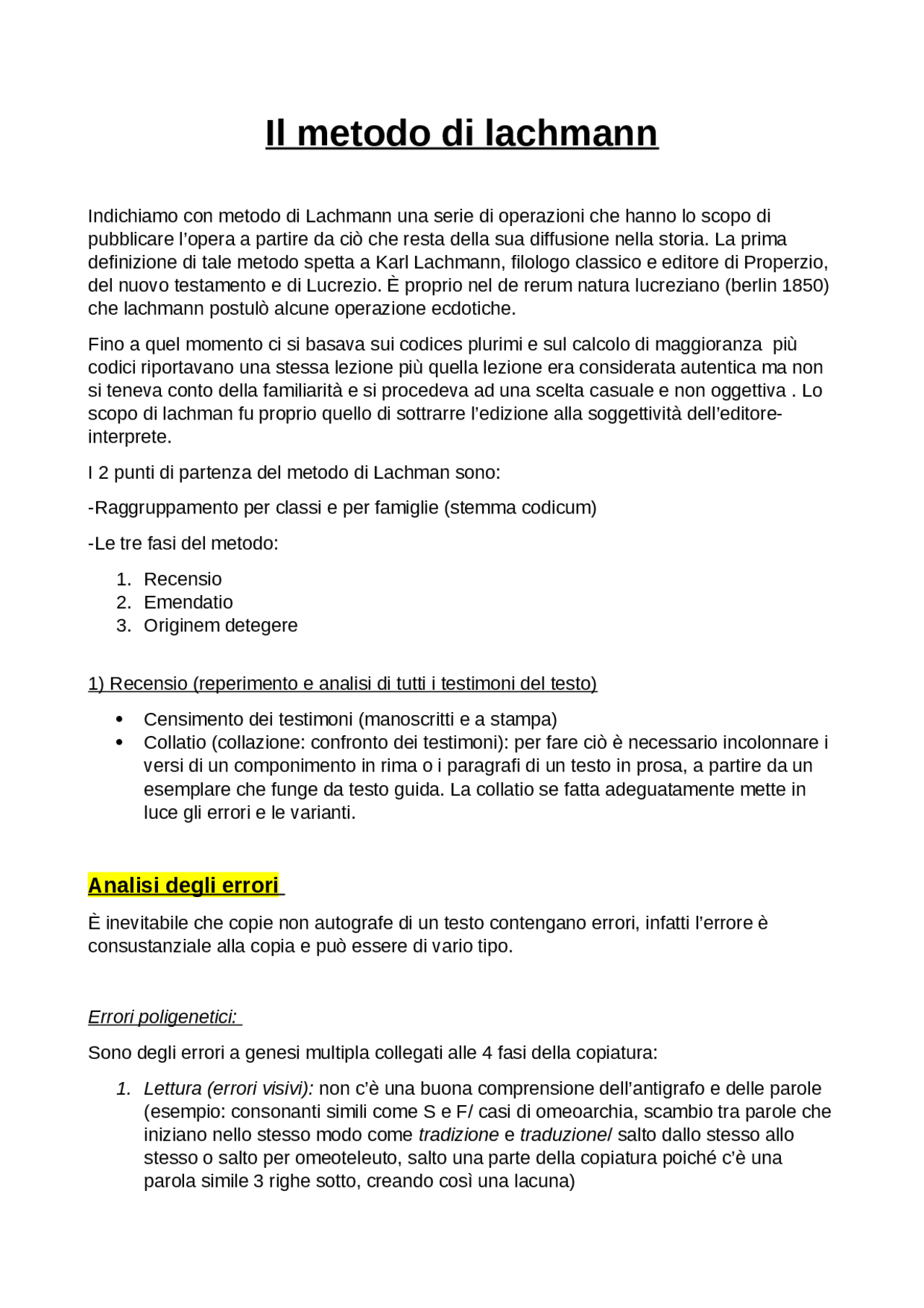 Metodo di Lachmann e analisi degli errori - Docsity