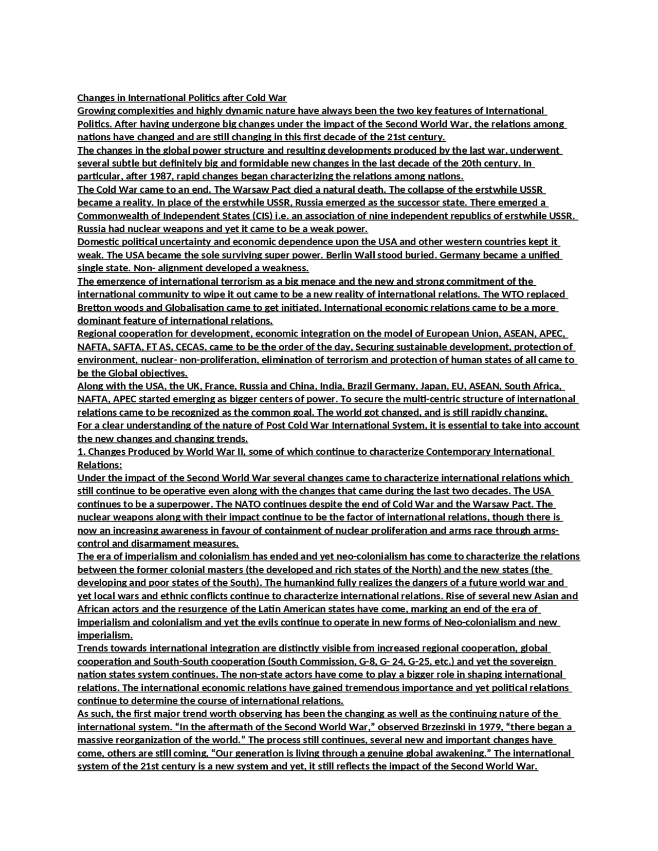 Changes in International Politics after Cold War - Docsity