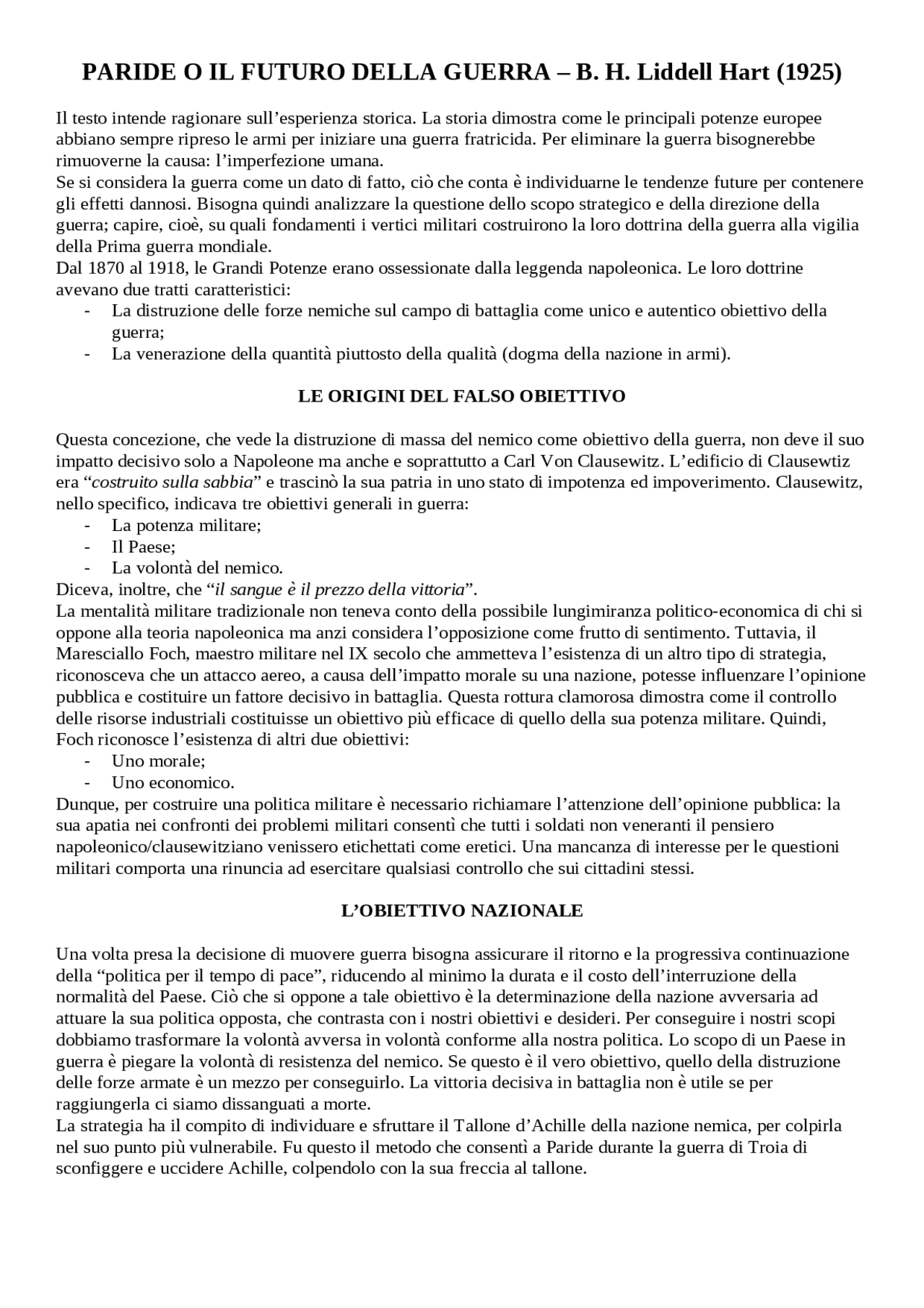 Riassunto di "Paride o il futuro della guerra" - Liddell Hart - Docsity