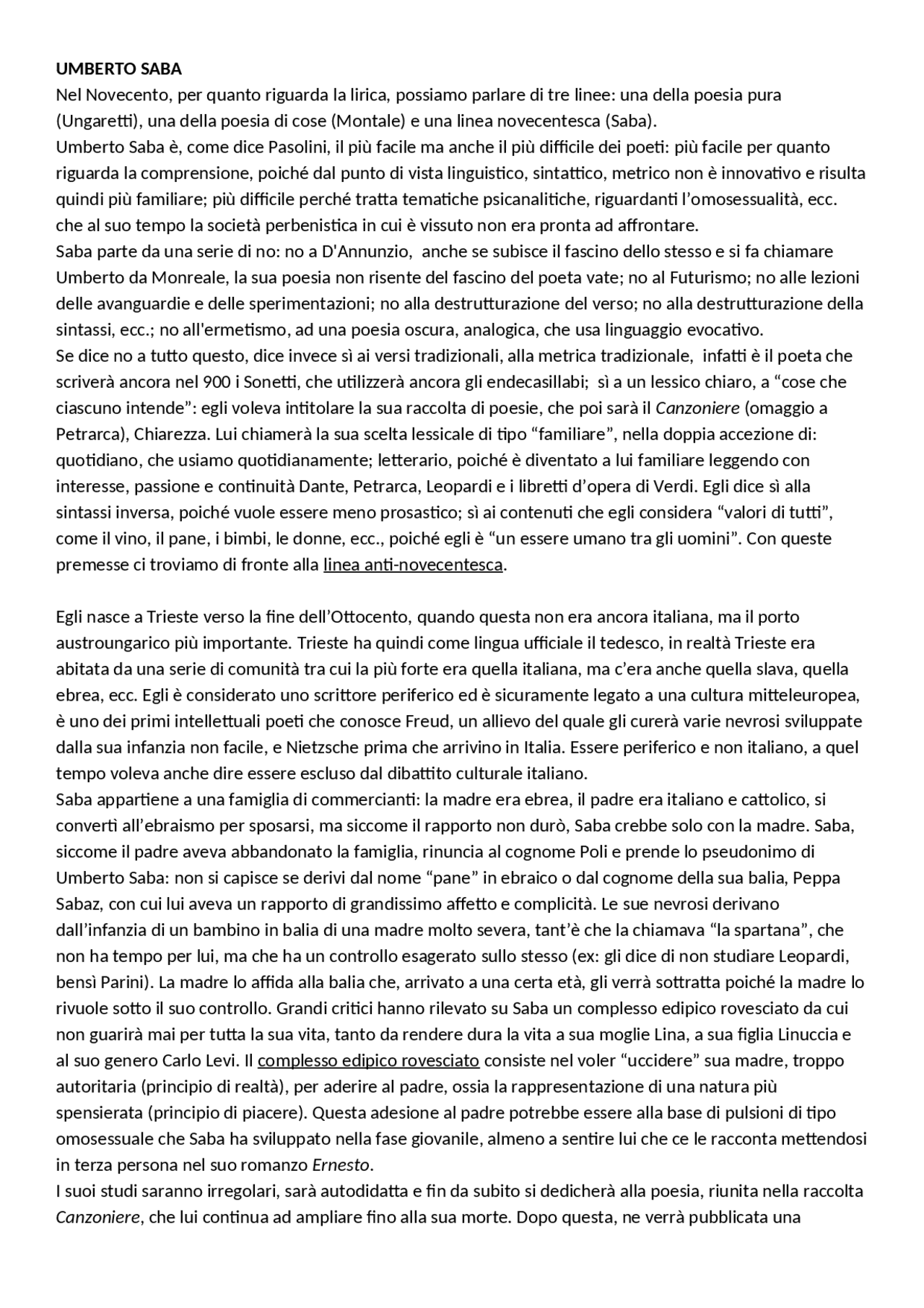 Appunti Completi Su Umberto Saba Docsity