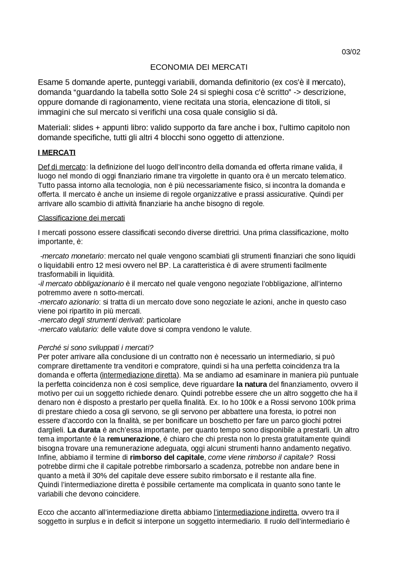 ECONOMIA DEI MERCATI FINANZIARI II MODULO - Docsity