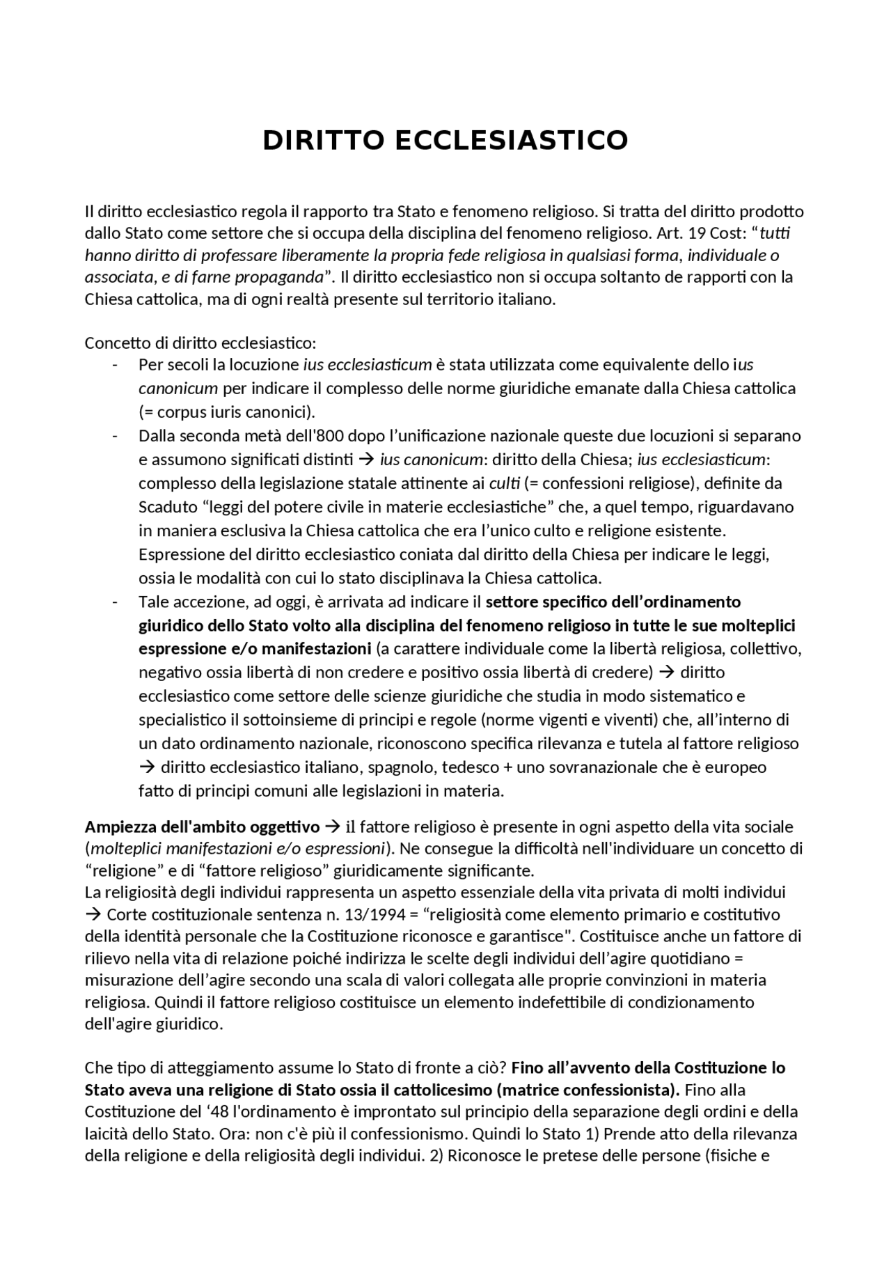 Diritto Ecclesiastico Appunti Riassunti Libro Docsity