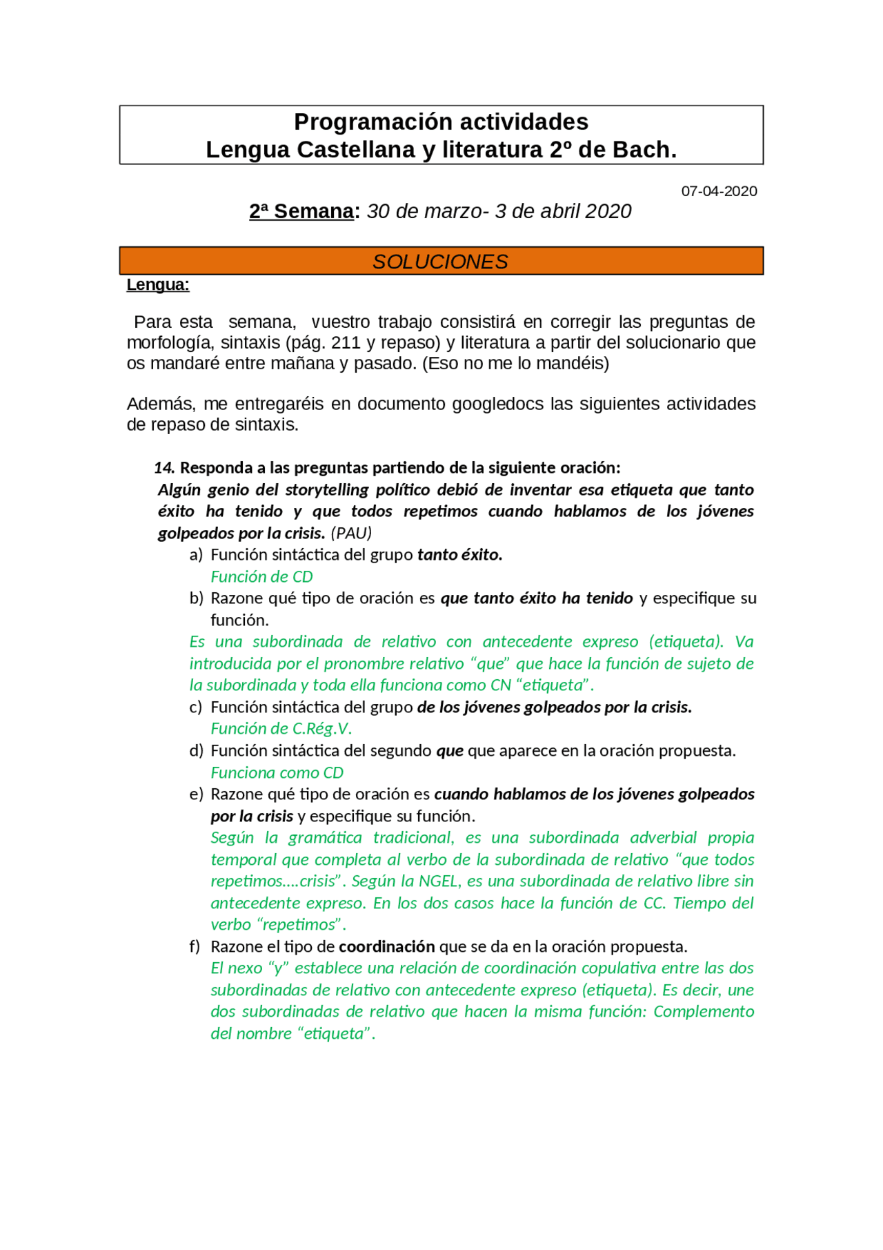 Ejercicios de Sintaxis para Lengua Castellana y Literatura 2º de Bachillerato | Ejercicios de ...