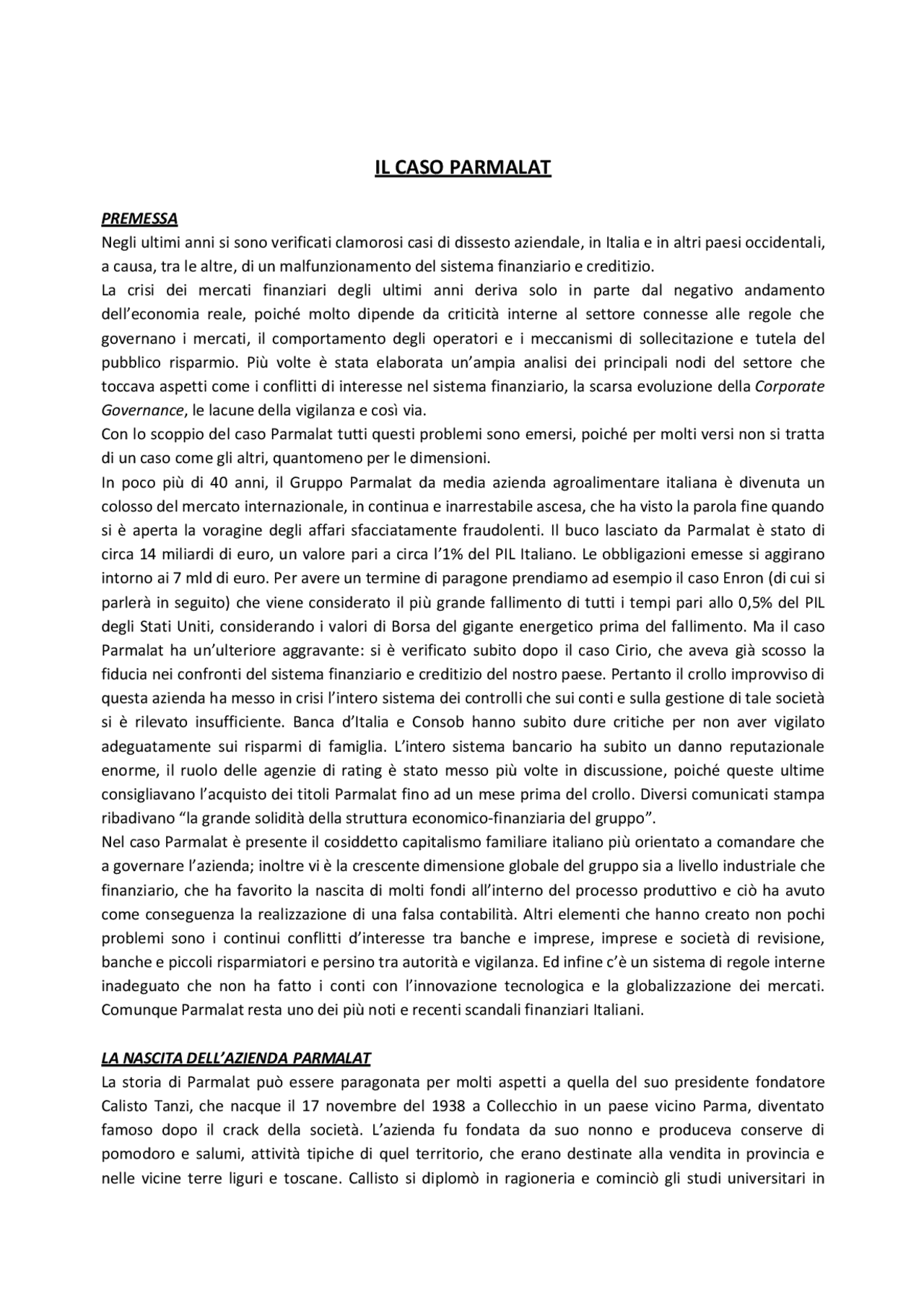 Parmalat e ernor analisi dei rischi - Docsity