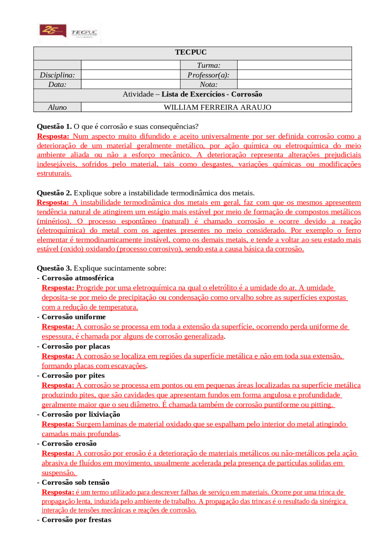Lista De Corrosão Com Gabarito Docsity