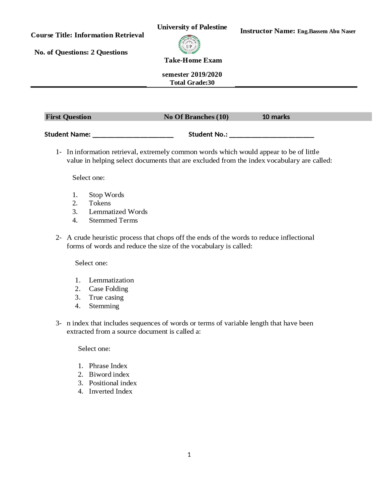 Example of Exam for studying - Docsity