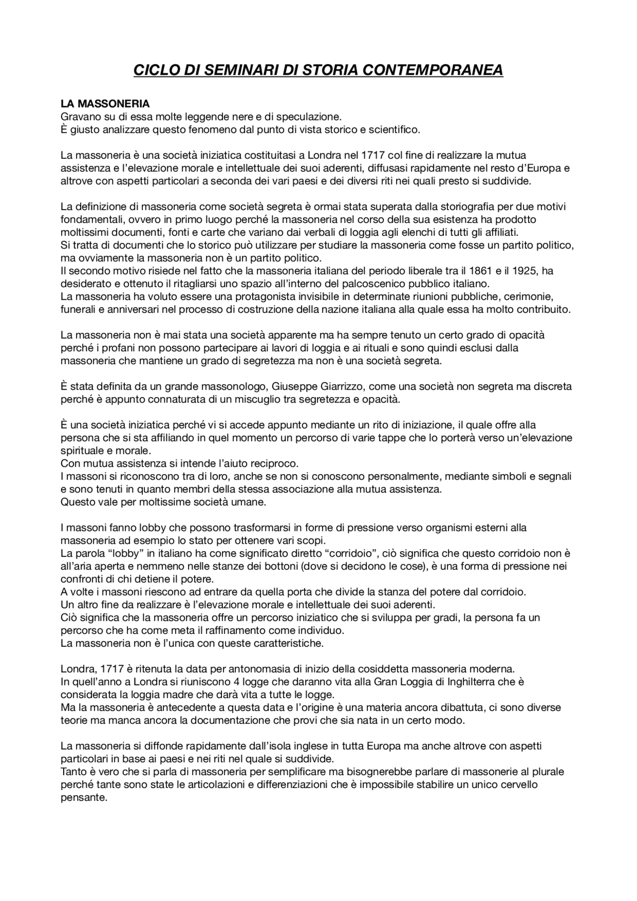 La Massoneria Seminario Docsity