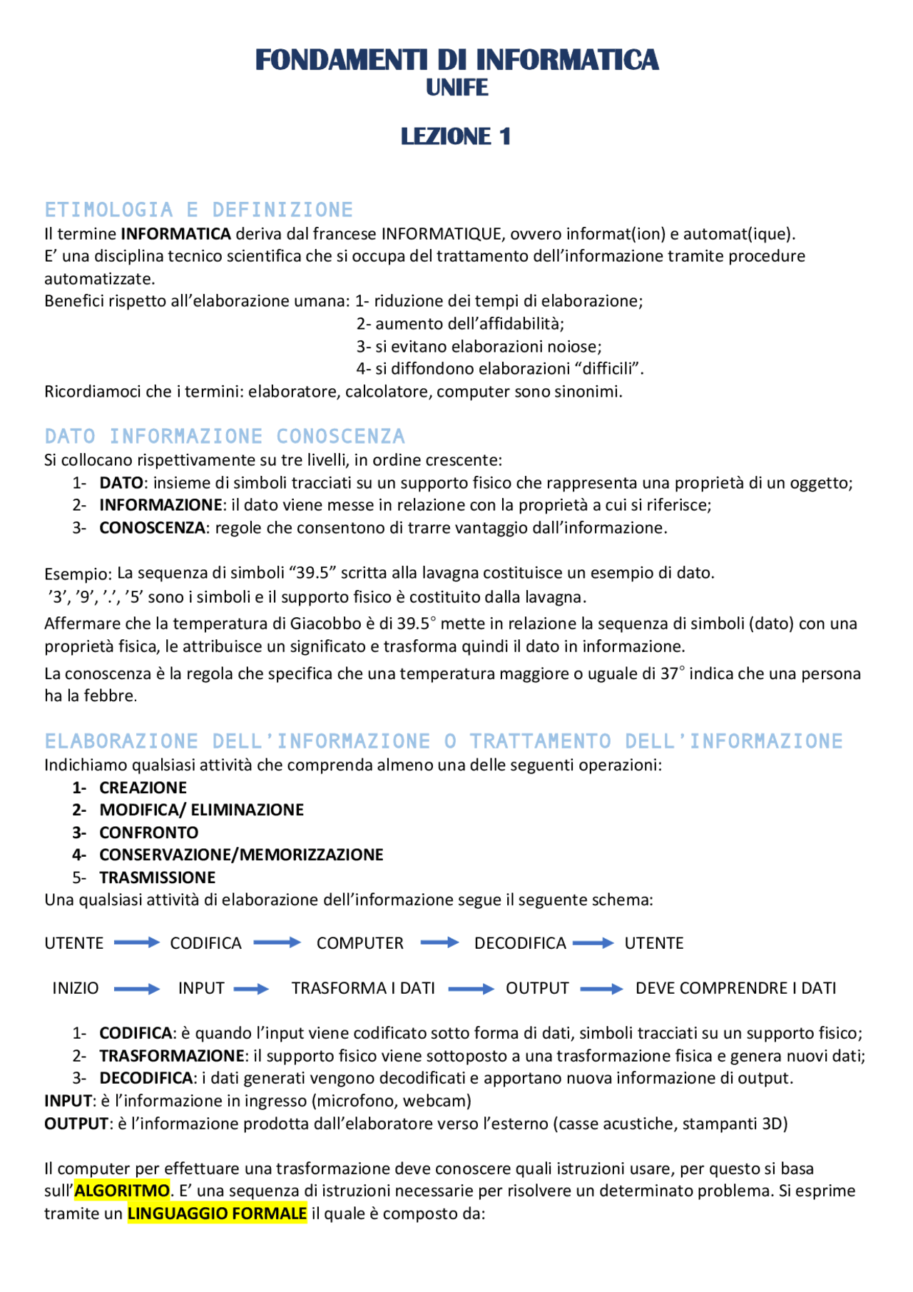 Fondamenti Di Informatica Appunti Di Elementi Di Informatica Docsity