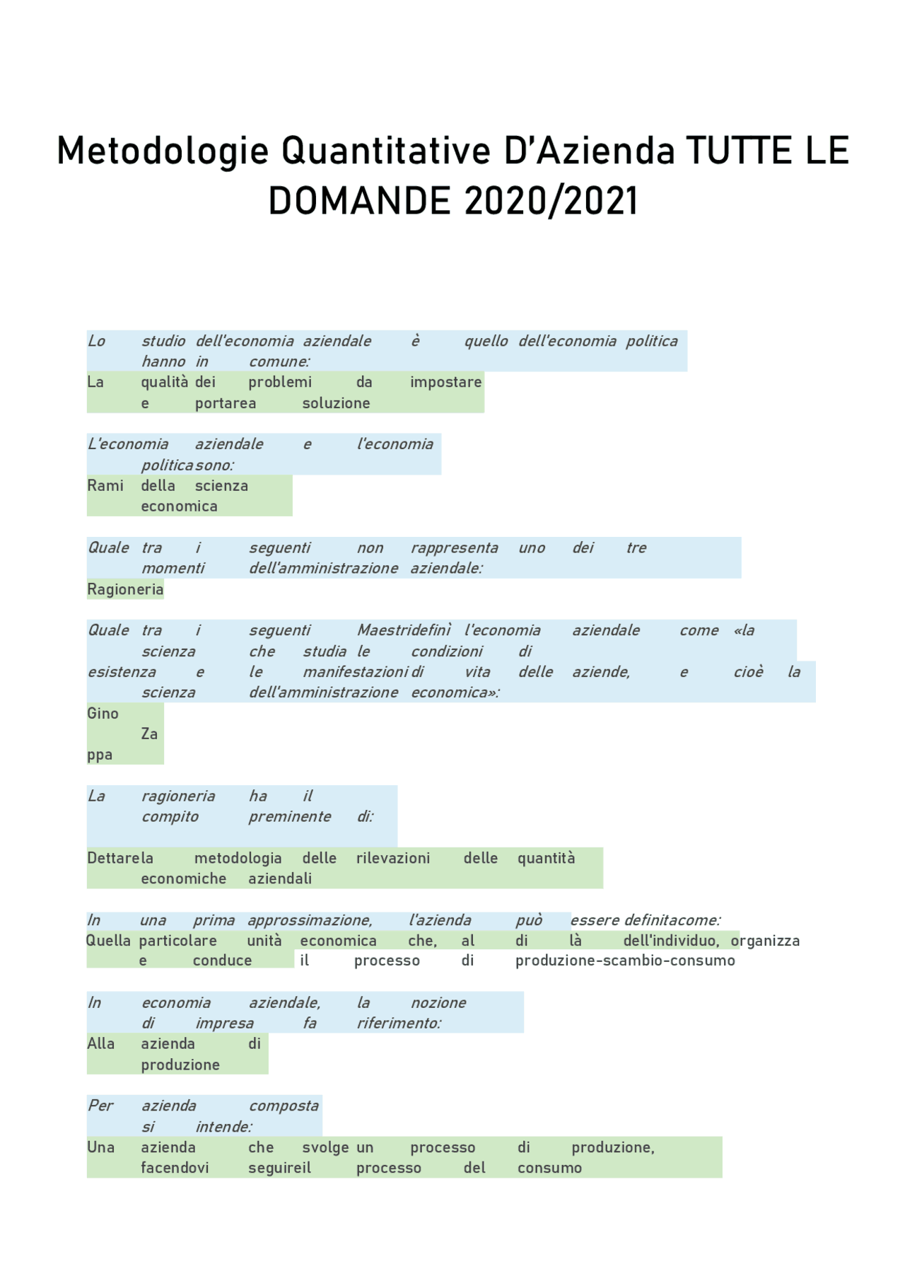 Metodologie E Determinazioni Quantitative Dazienda Università