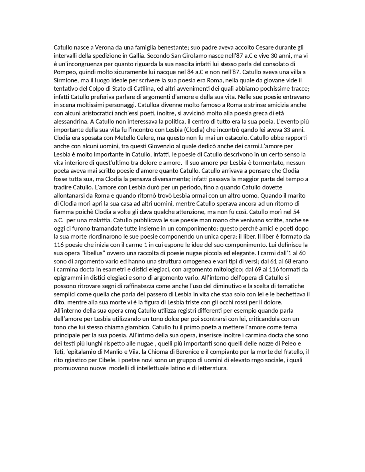 Catullo Riassunto Liceo Classico Docsity