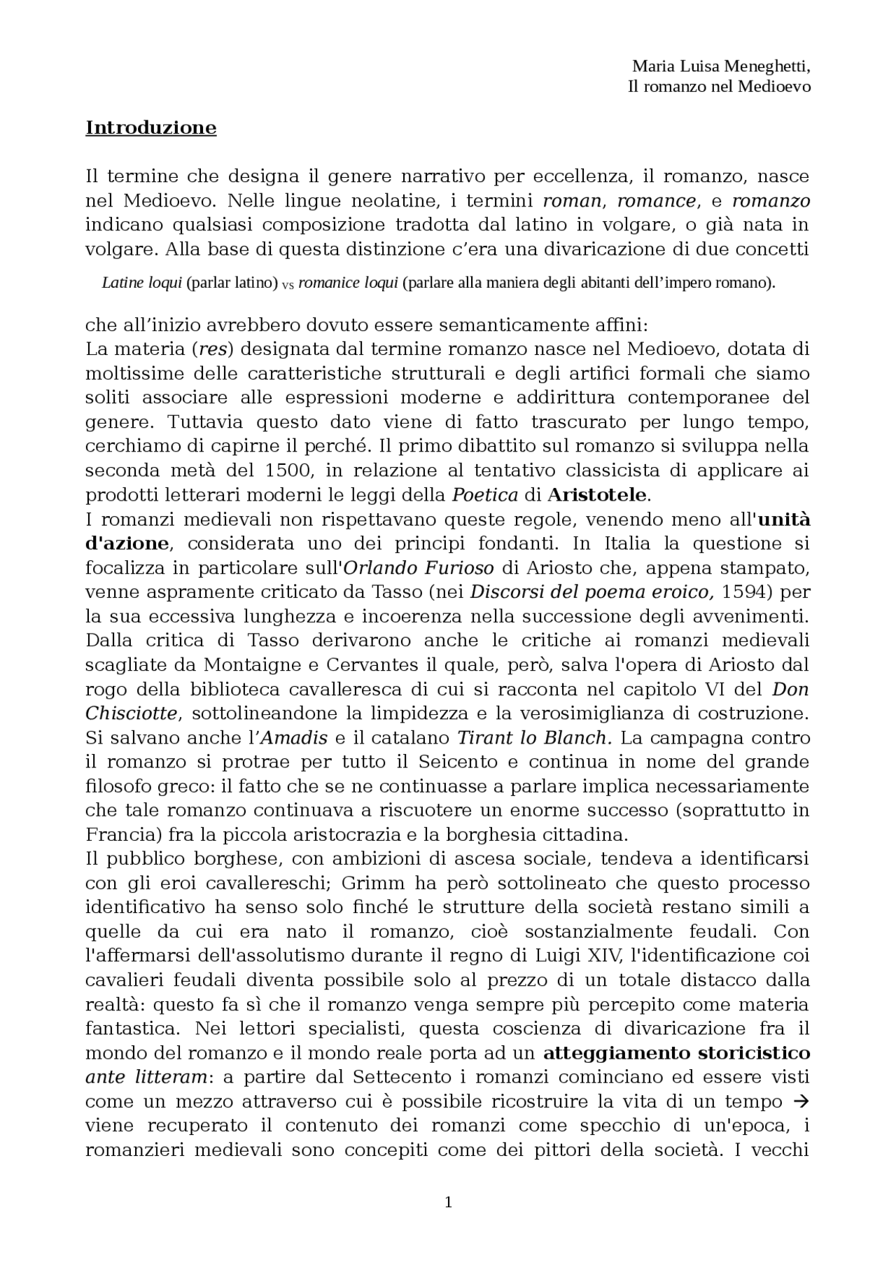Il Romanzo Nel Medioevo Meneghetti Docsity