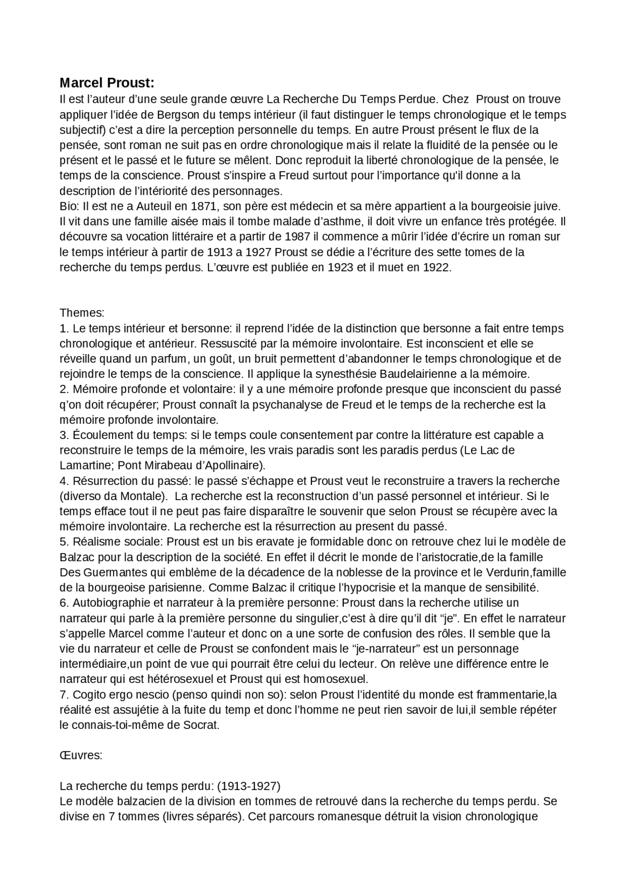 Marcel Proust Vita E Opere Docsity
