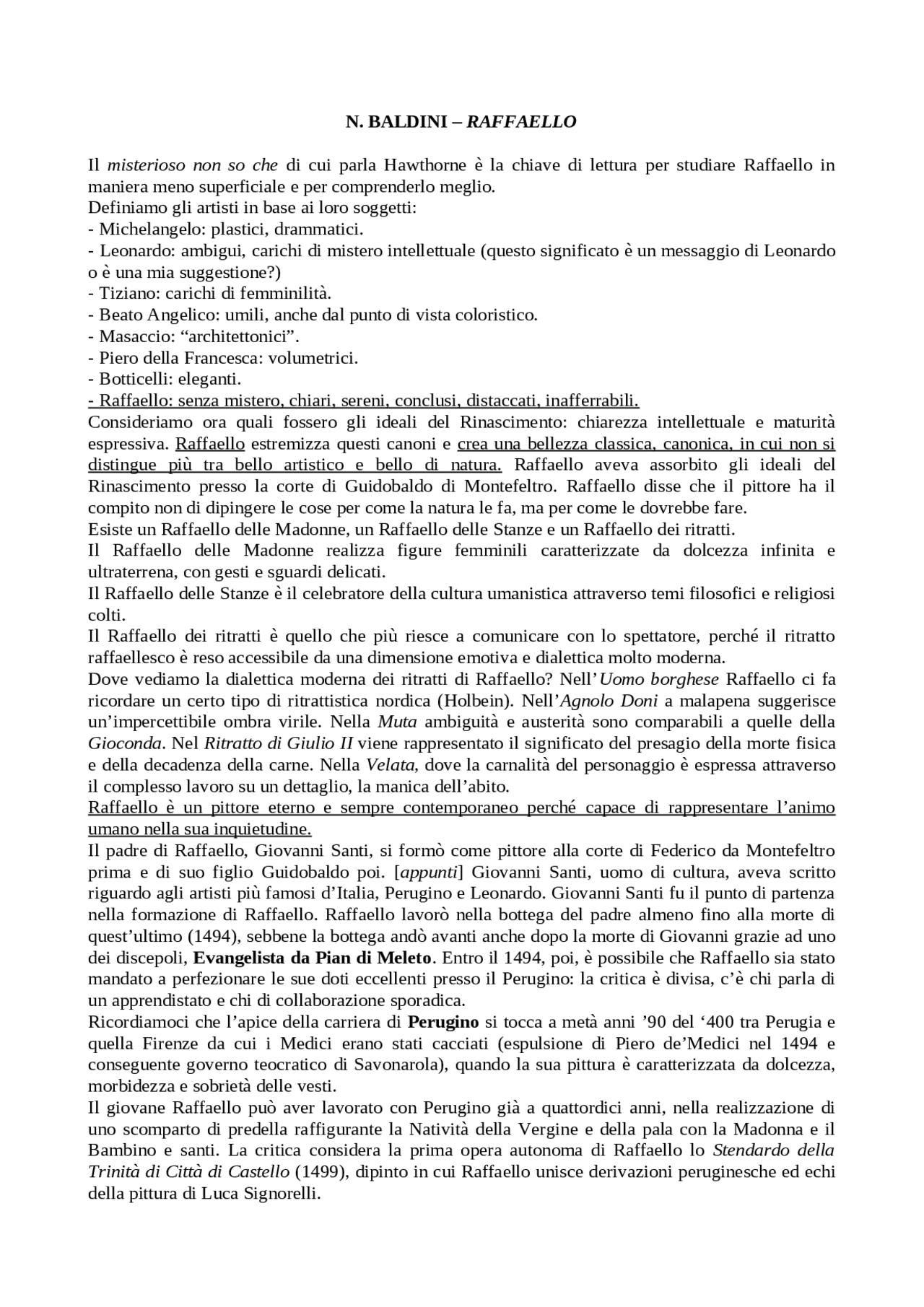 Riassunto Di N Baldini Raffaello Docsity