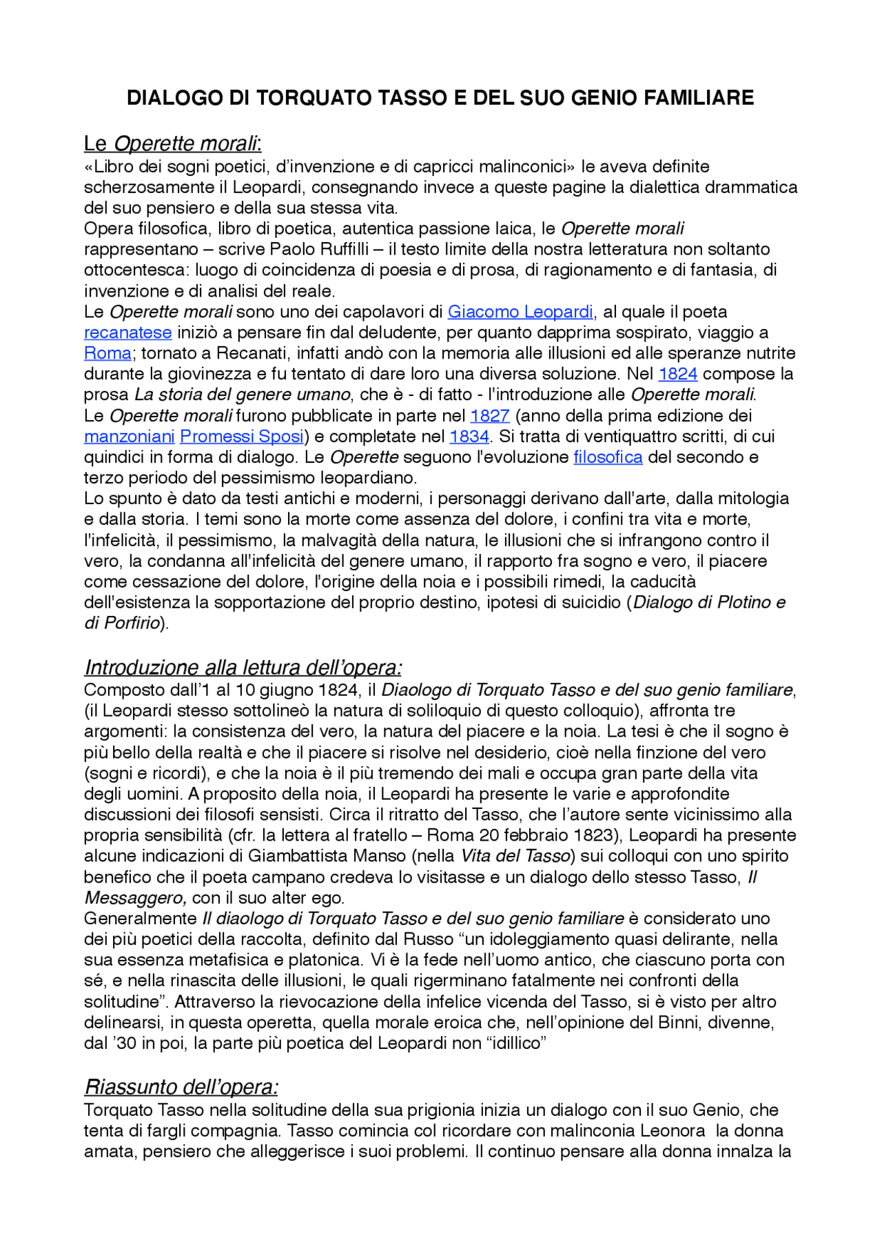Dialogo Di Torquato Tasso E Il Suo Genio Docsity
