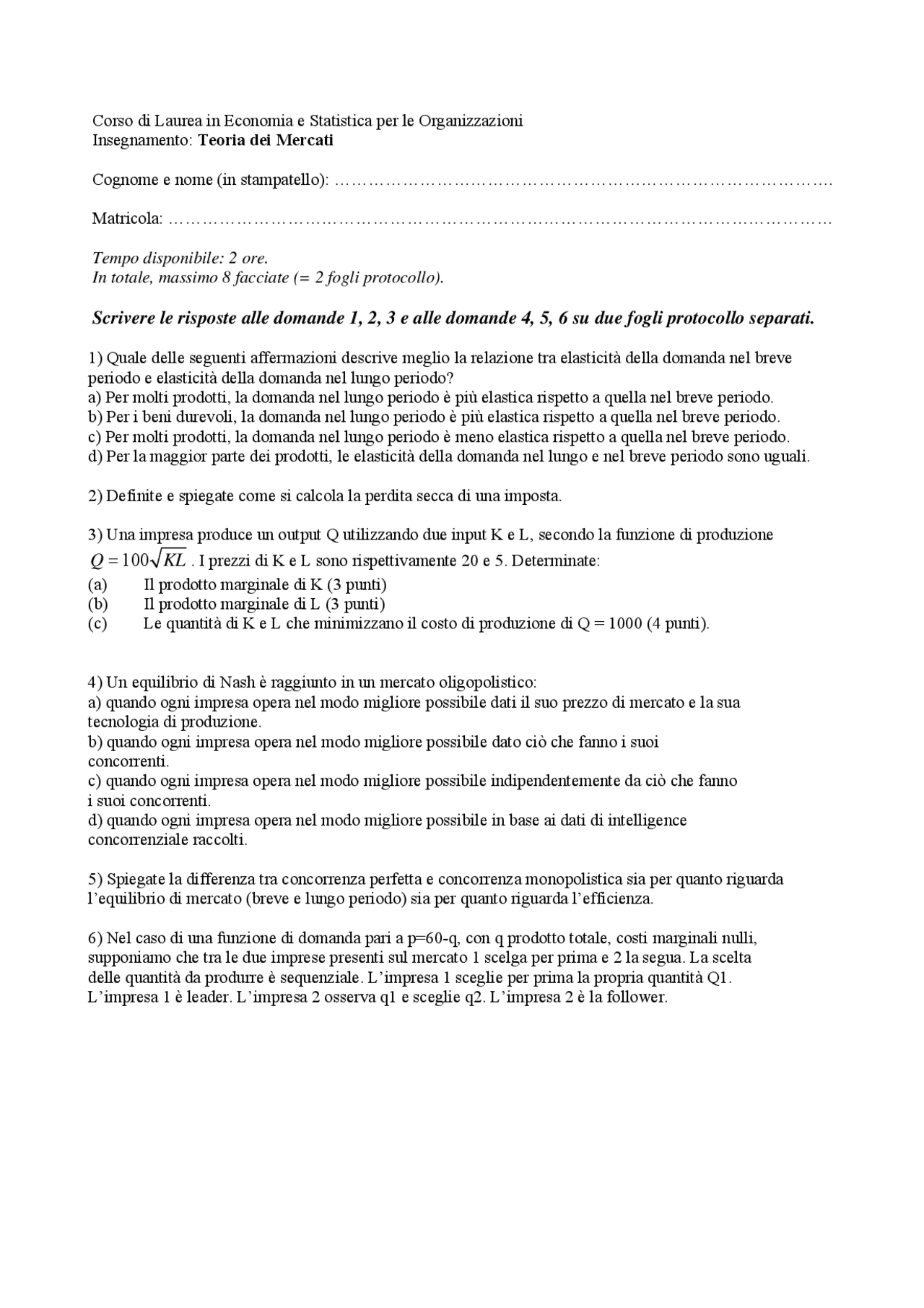 Esame Microeconomia Intermedia Prove Desame Di Microeconomia Docsity