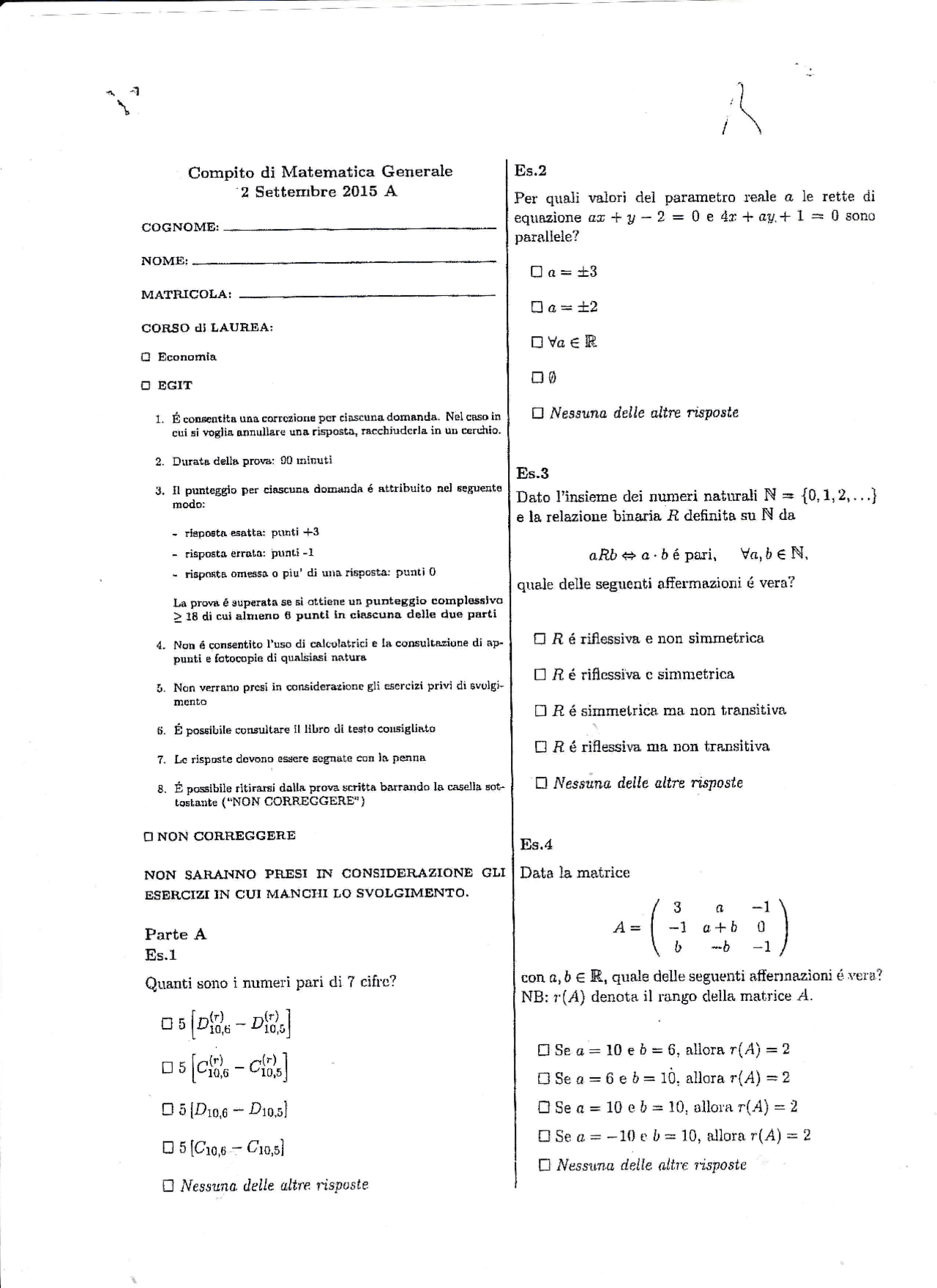 COMPITO DI MATEMATICA GENERALE - Docsity