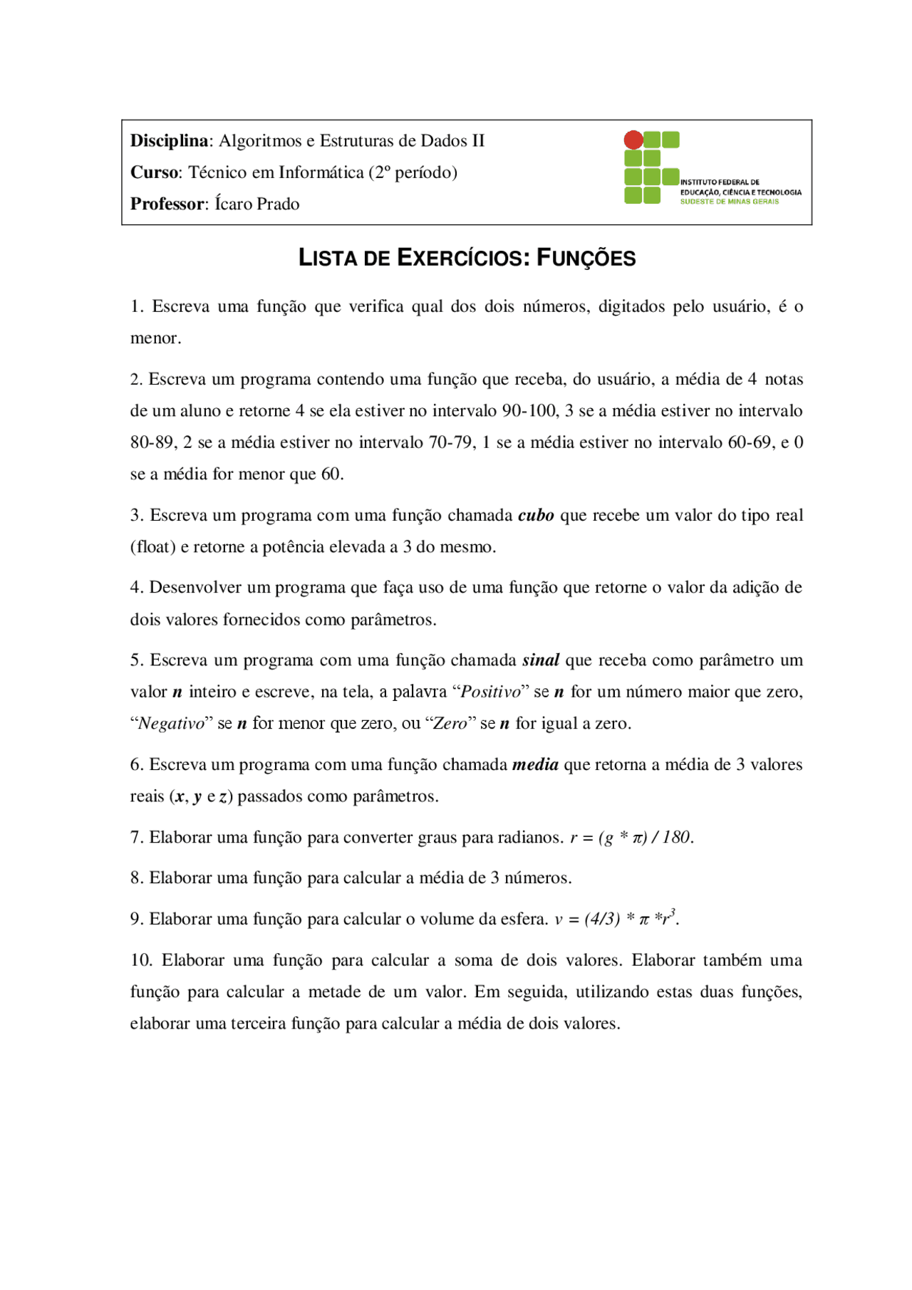 Lista De Exercícios Sobre Funções Docsity