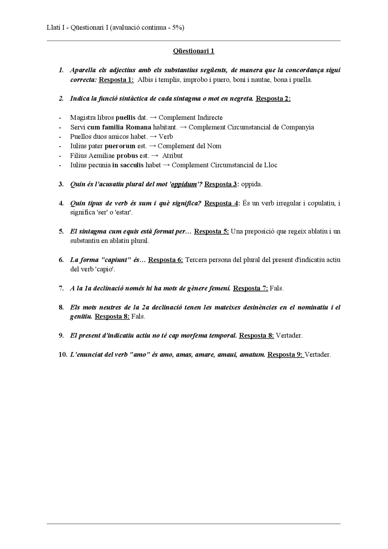 Qüestionari I Unitats 1 2 Llatí I Docsity