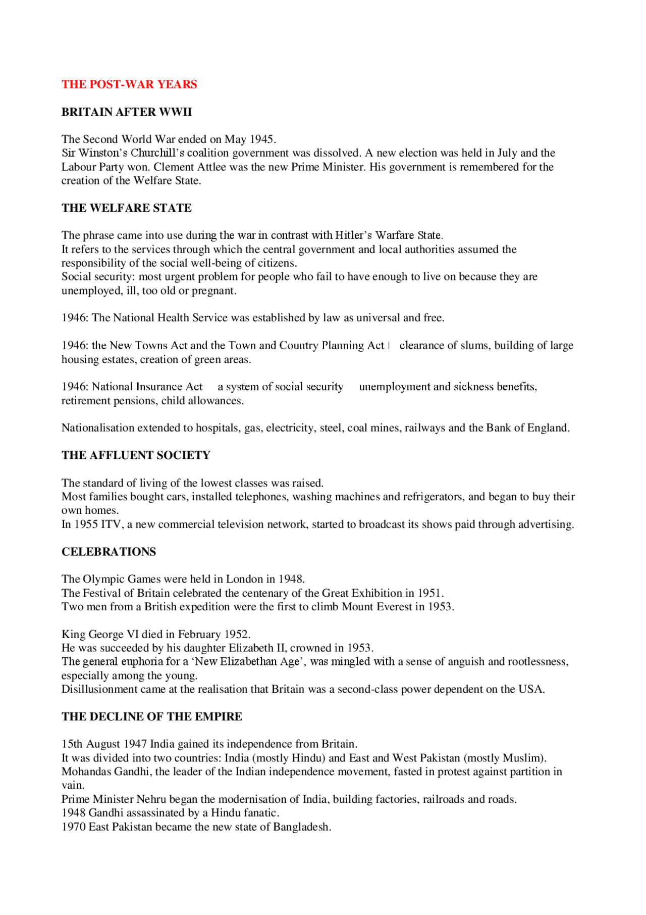 "THE POST WAR YEARS" - Docsity