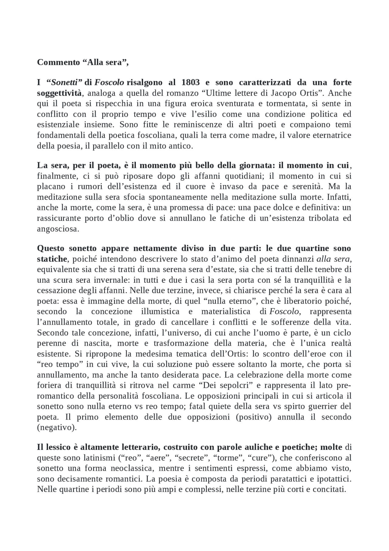 Analisi Della Poesia Alla Sera Docsity