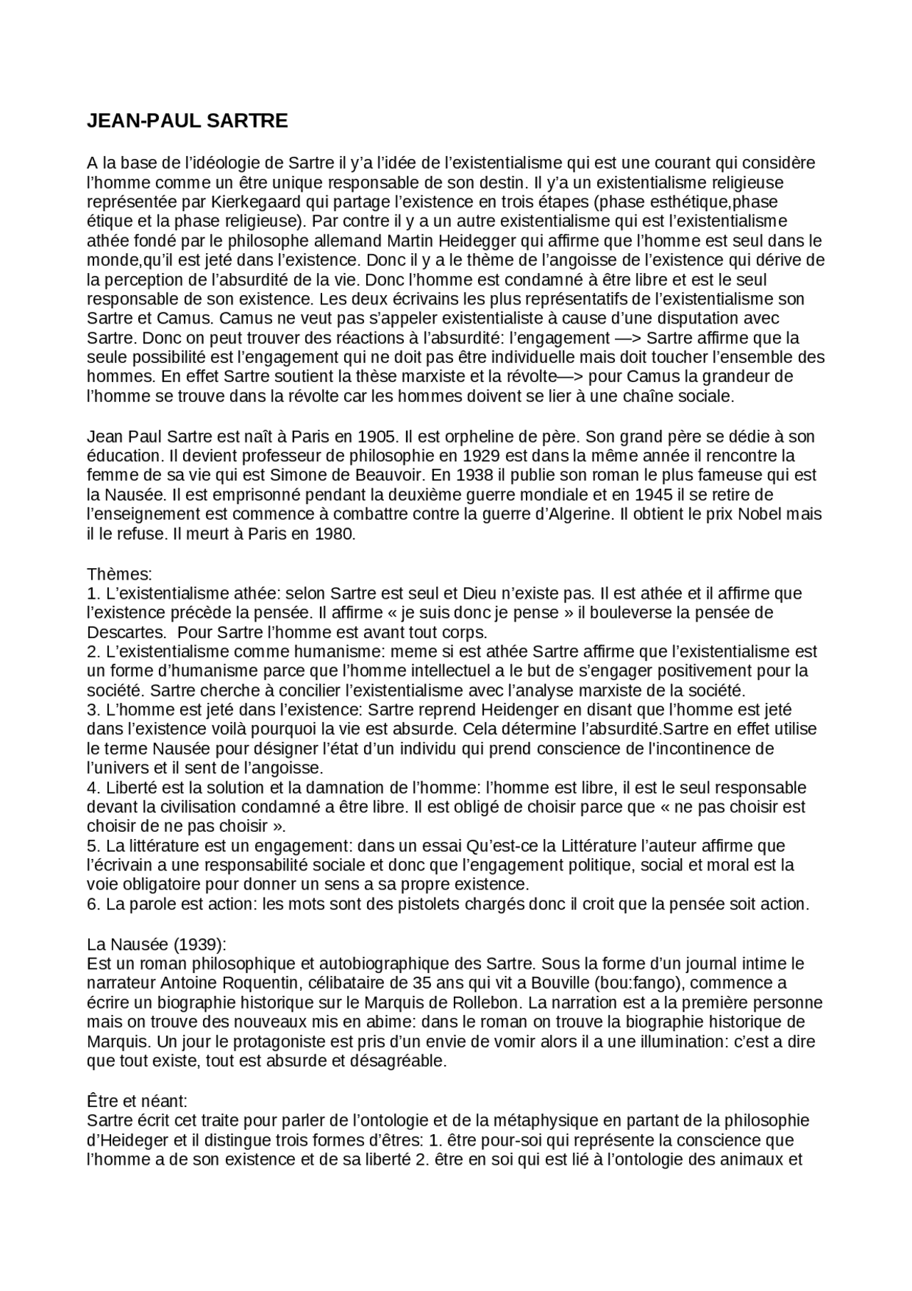 Jean Paul Sartre Vita E Opere Docsity