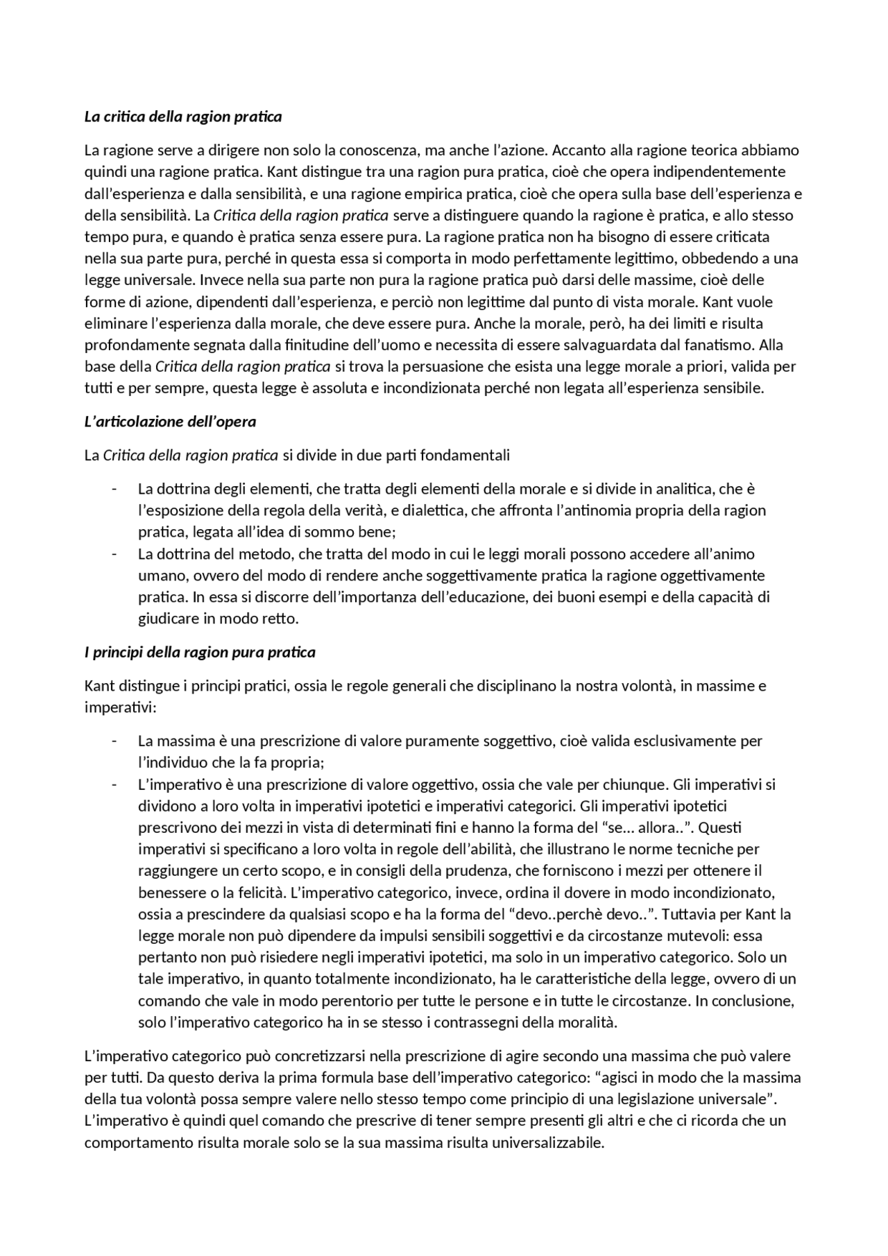 La Critica Della Ragion Pratica Kant Docsity