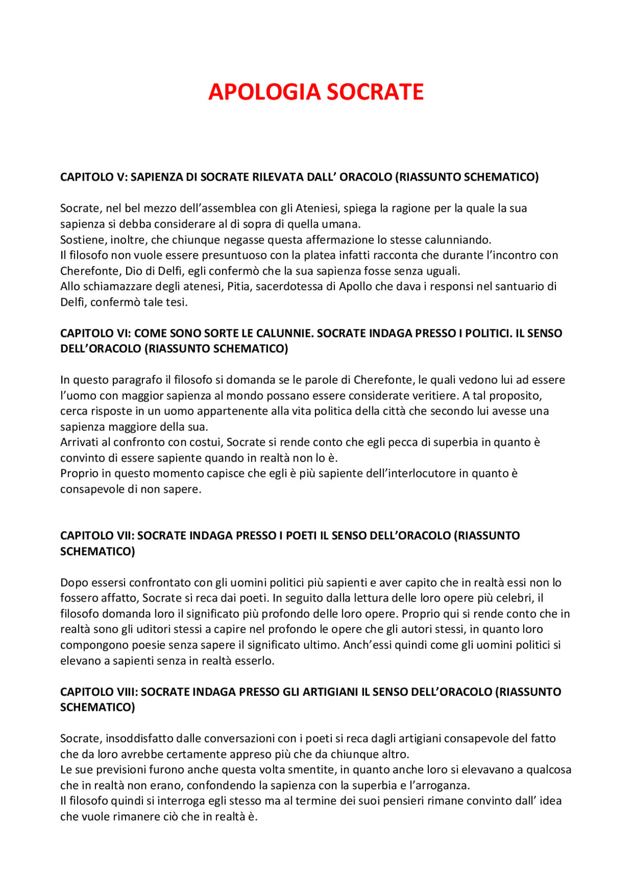 APOLOGIA SOCRATE V-IX | Exercises Philosophy | Docsity