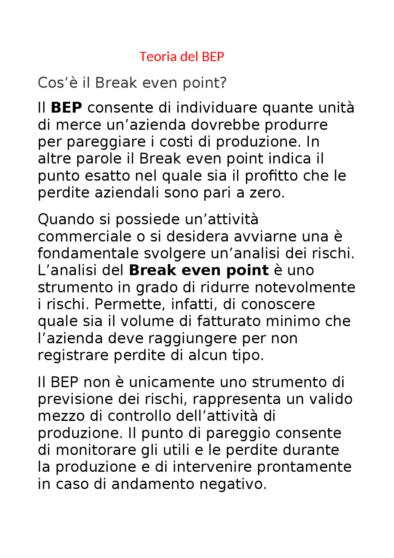 Teoria Del Break Even Point Docsity
