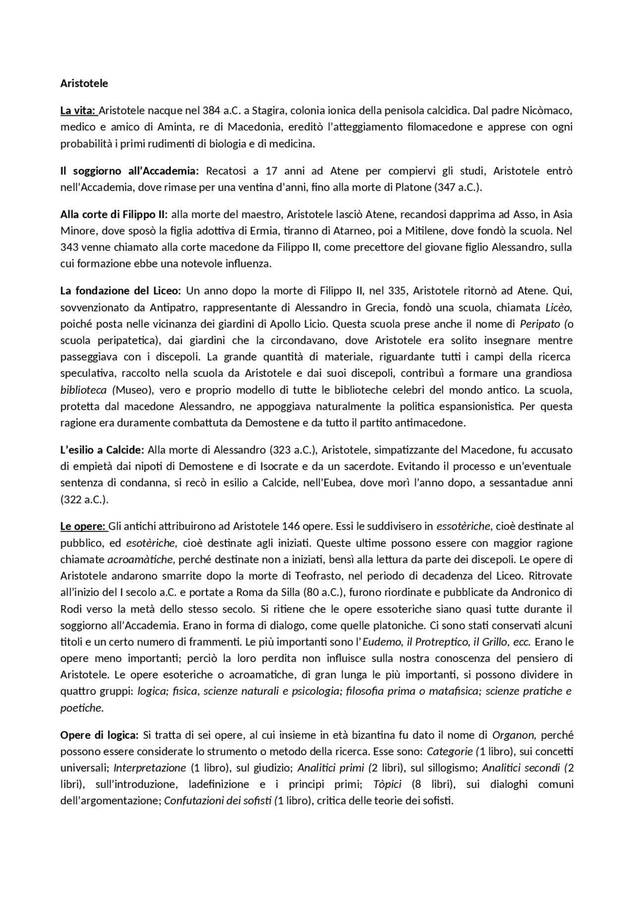 Riassunto Aristotele Docsity