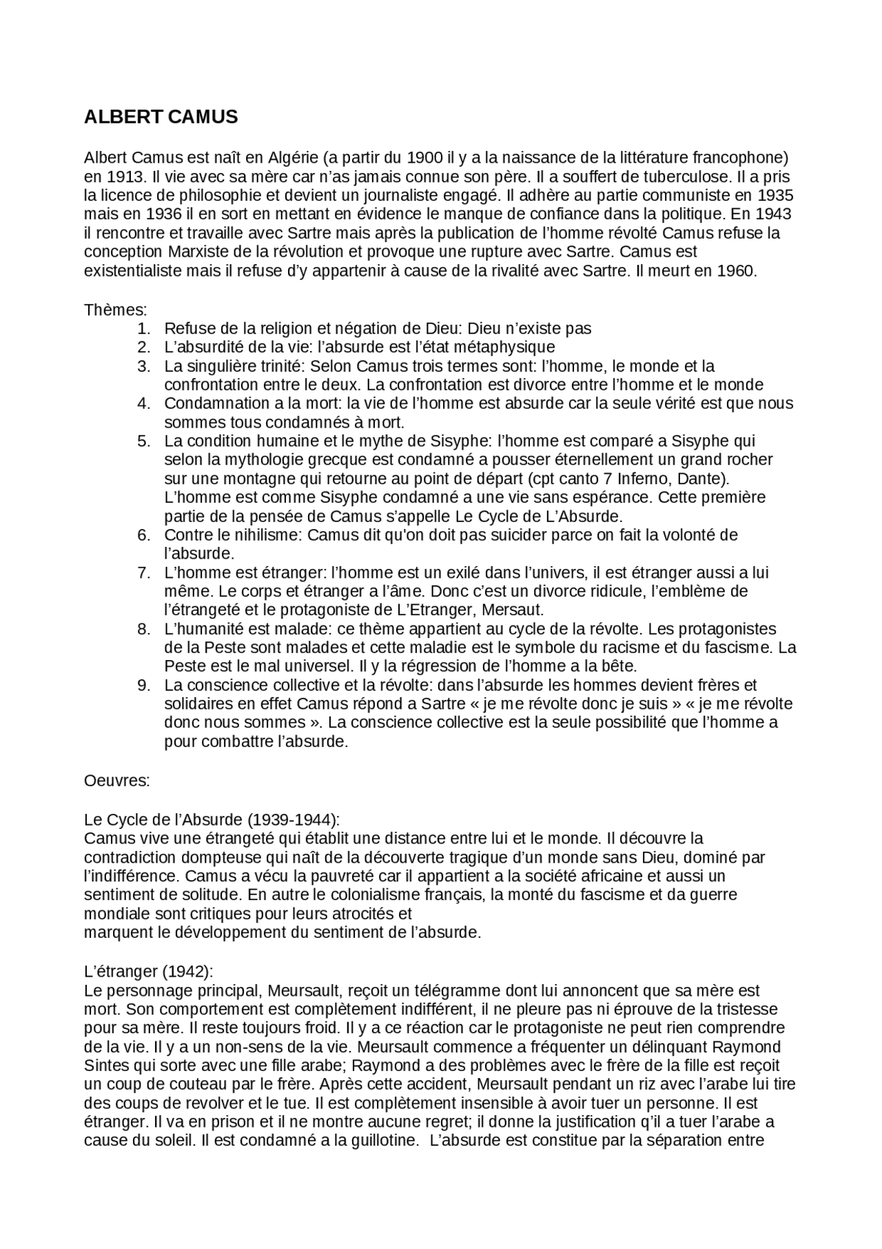 Albert Camus Vita E Opere Docsity
