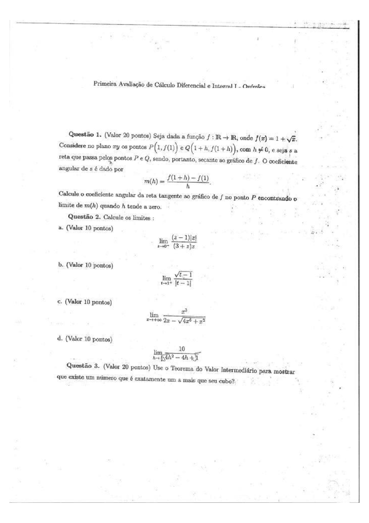Prova De Integral De Calculo I Docsity
