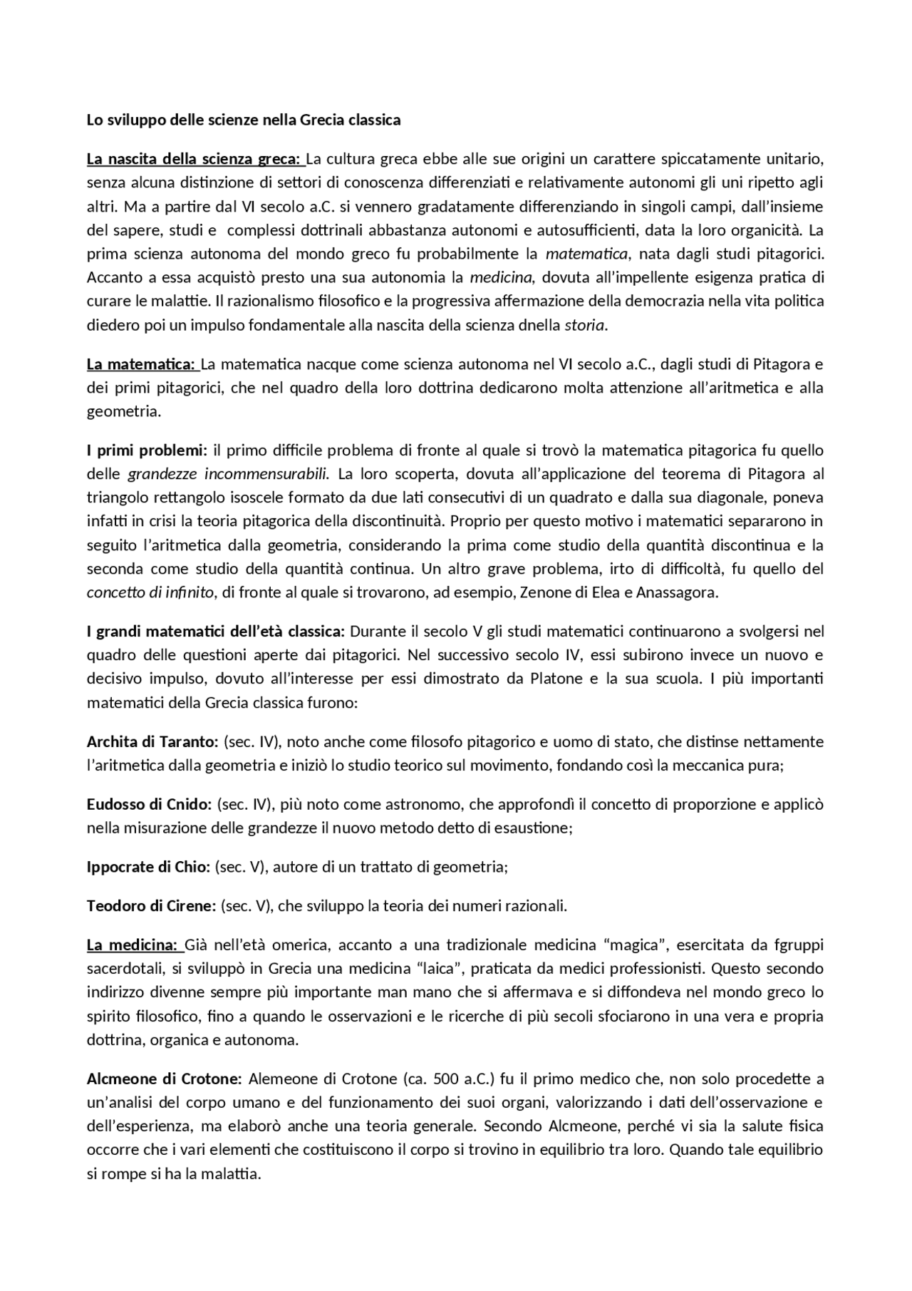 Lo sviluppo delle scienze nella Grecia antica - Docsity