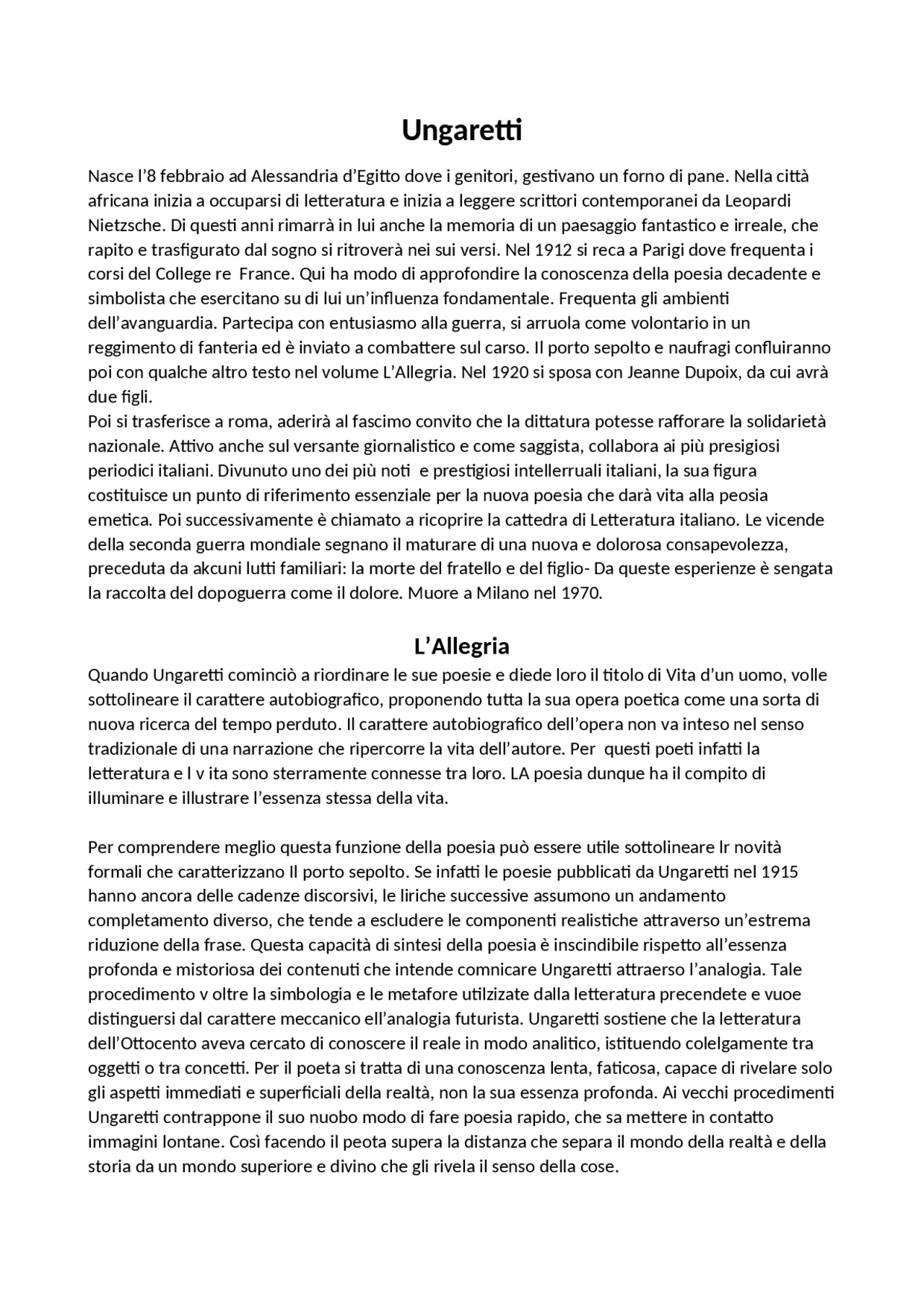 Riassunto Giuseppe Ungaretti Docsity