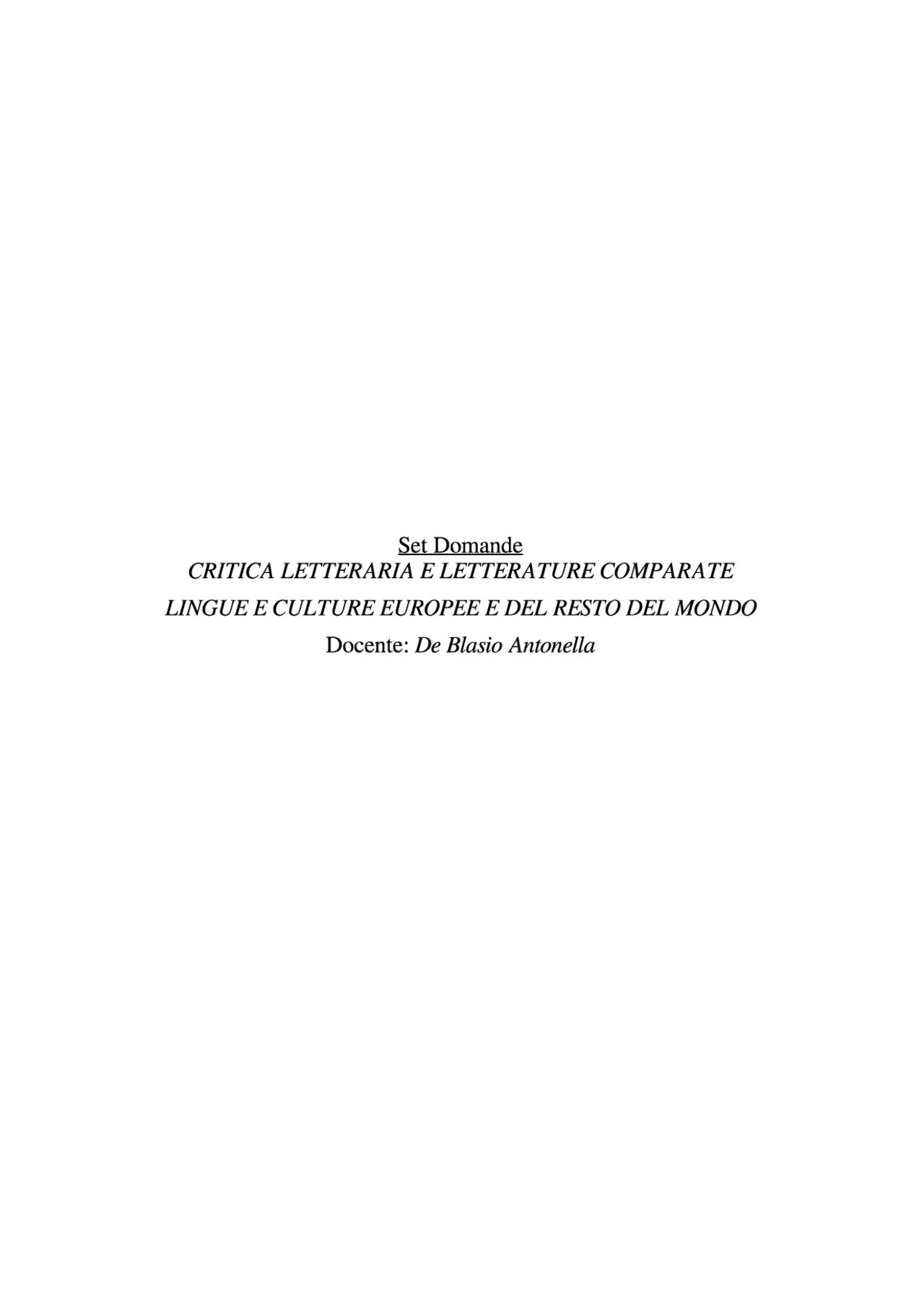Paniere esame di Critica Letteraria e Letterature Comparate - eCampus - Docsity