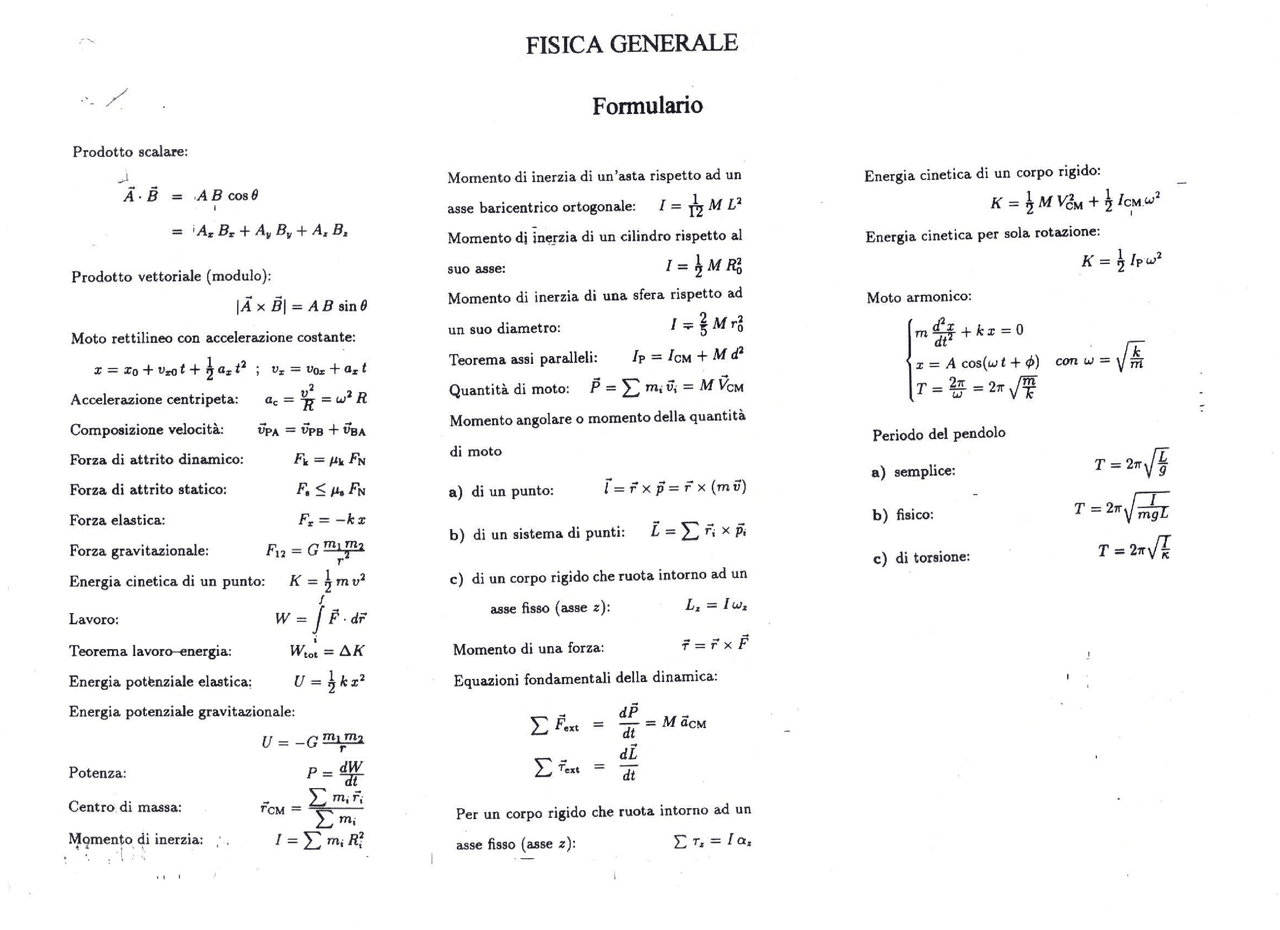 Formulario Fisica Generale Formulari De Physique Docsity