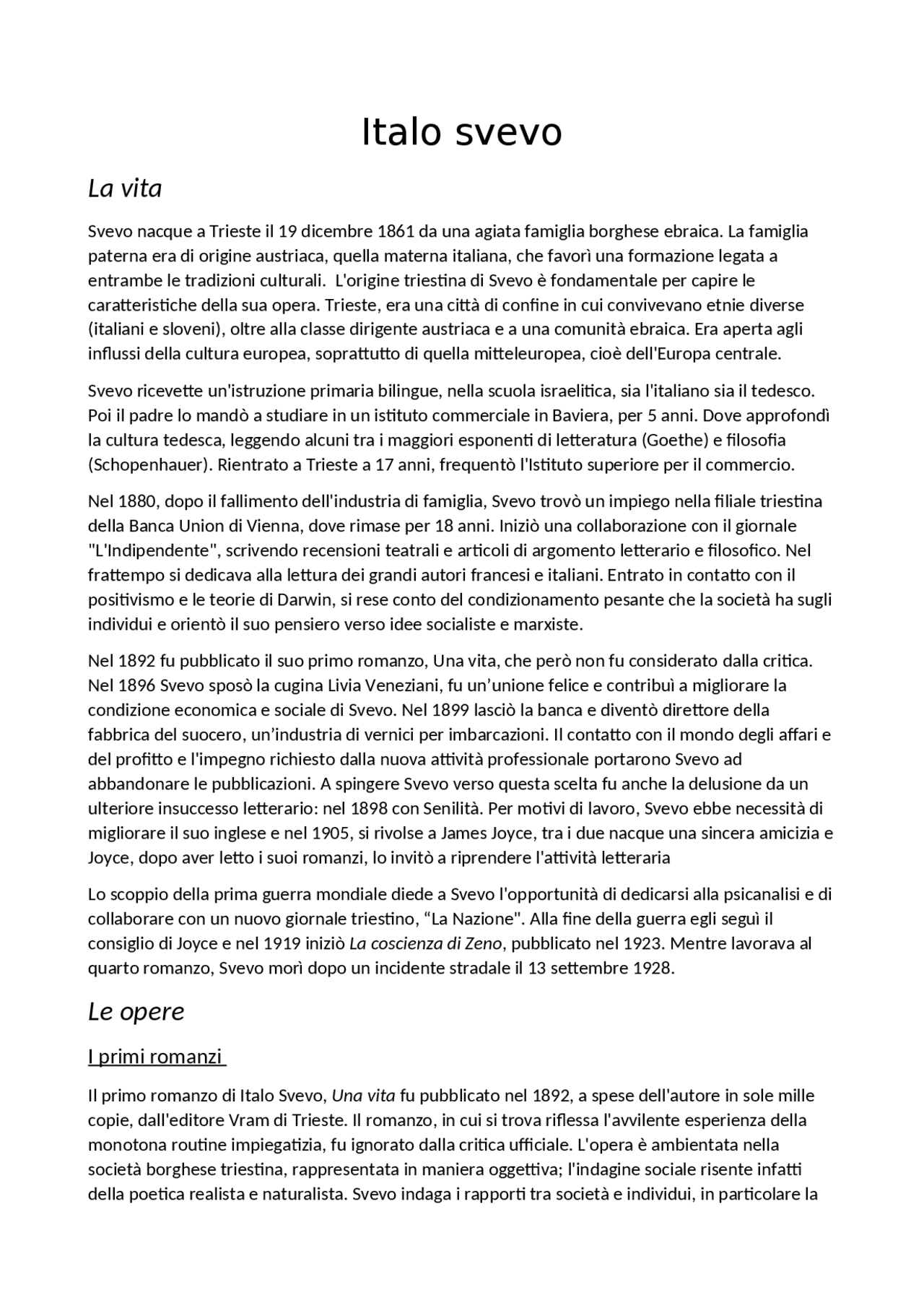 Italo Svevo, vita e opere - Docsity