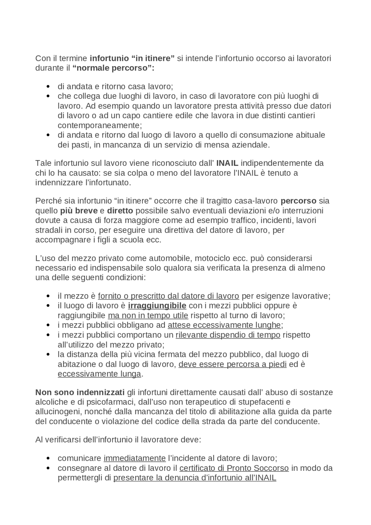 Infortunio in itinere - Docsity