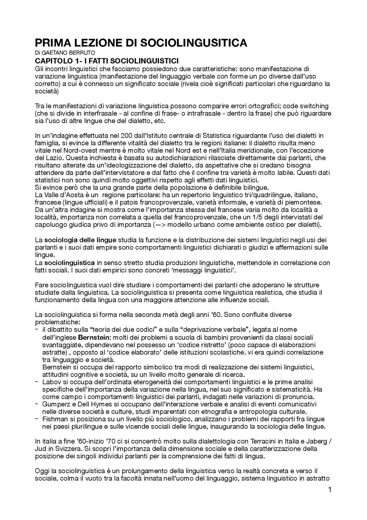 Prima Lezione Di Sociolinguistica Gaetano Berruto Dispense Di