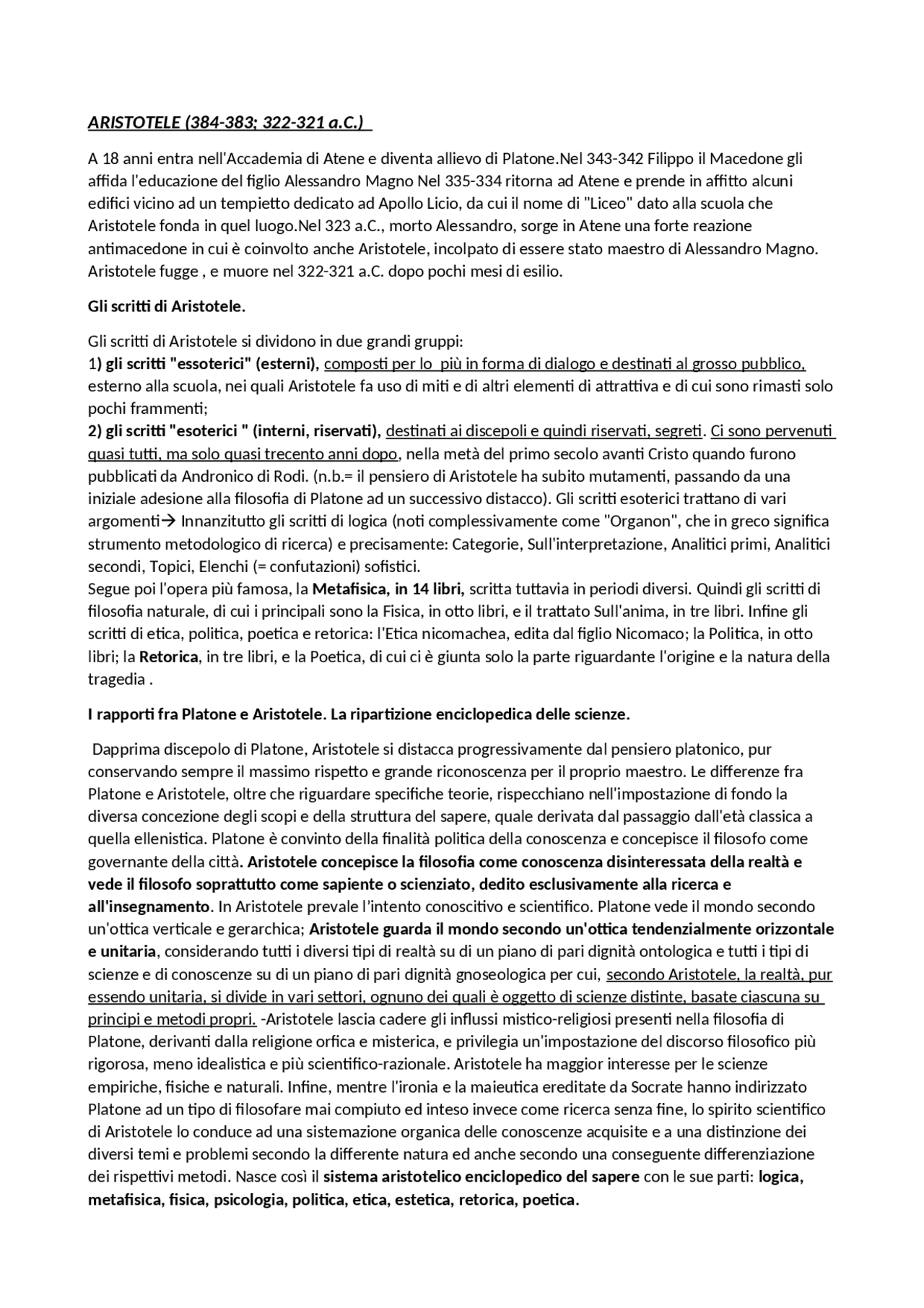 Aristotele Riassunto Generale Docsity
