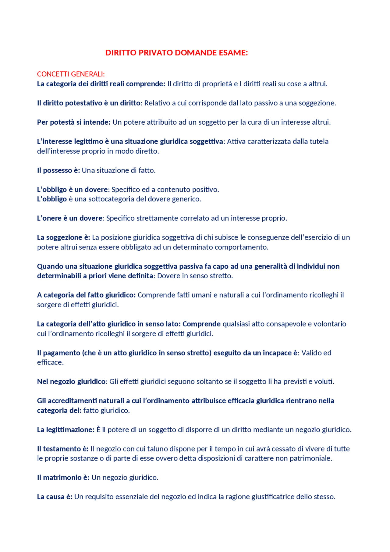 Diritto privato 2019-20 Pegaso - Docsity