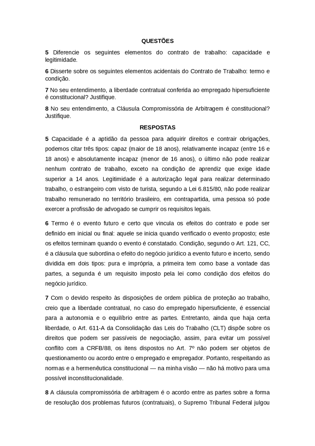Direito Do Trabalho Questões Docsity