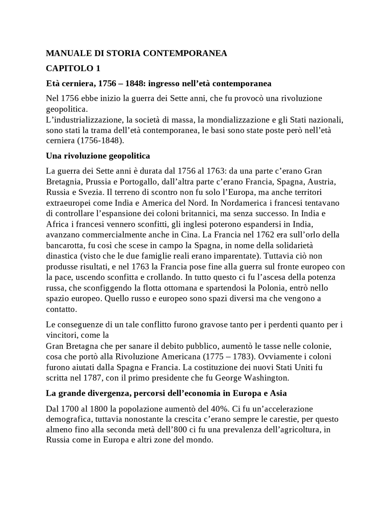 Riassunto Manuale Storia Contemporanea Docsity