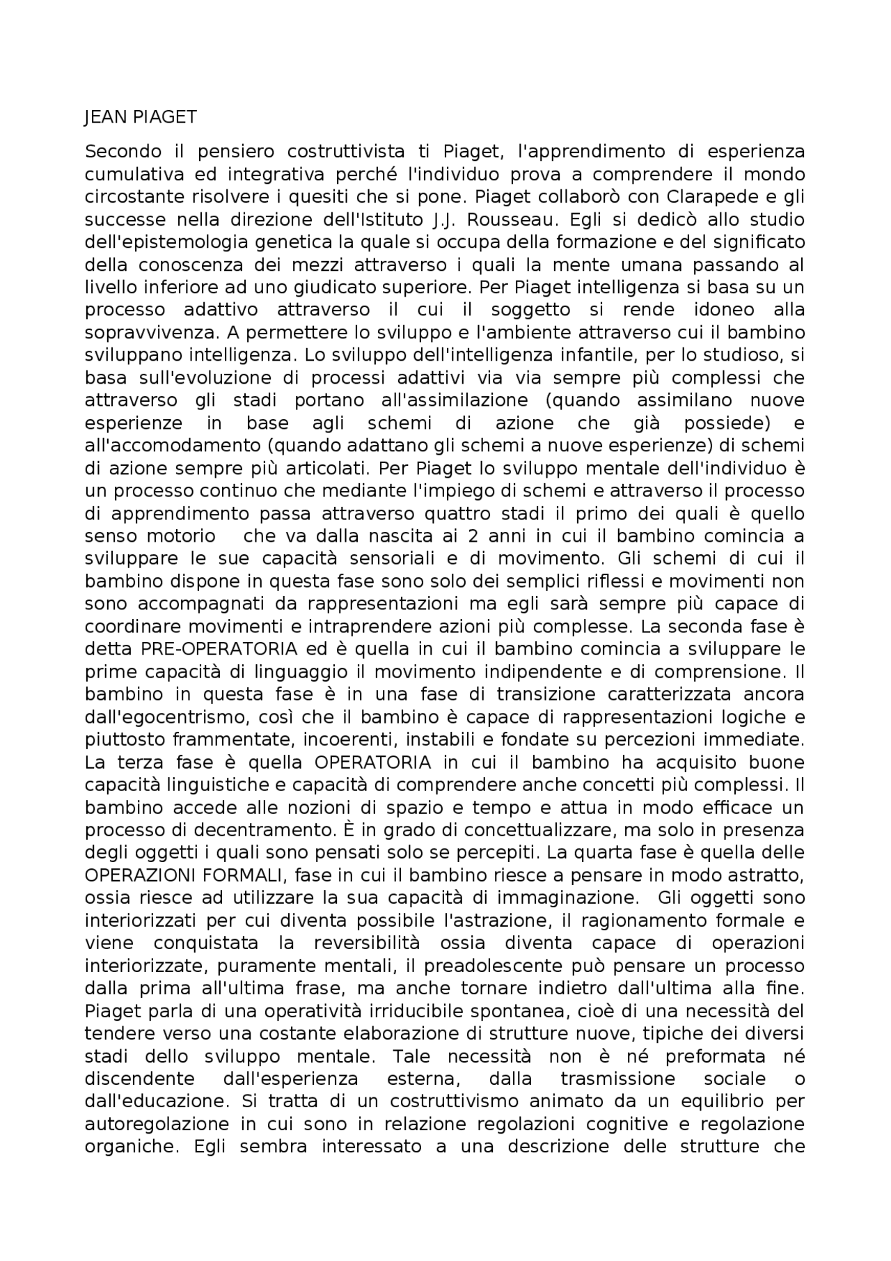 Riassunto Jean Piaget Docsity