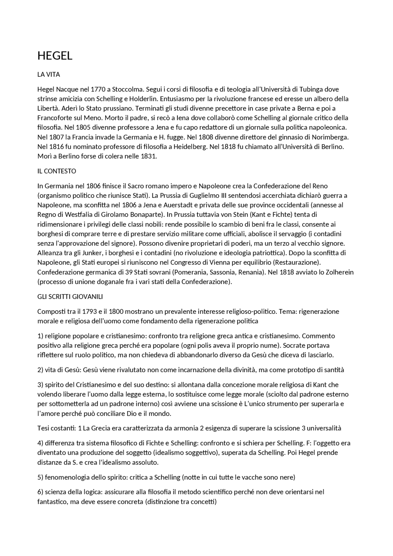 Hegel: vita, opere, pensiero e confronti - Docsity