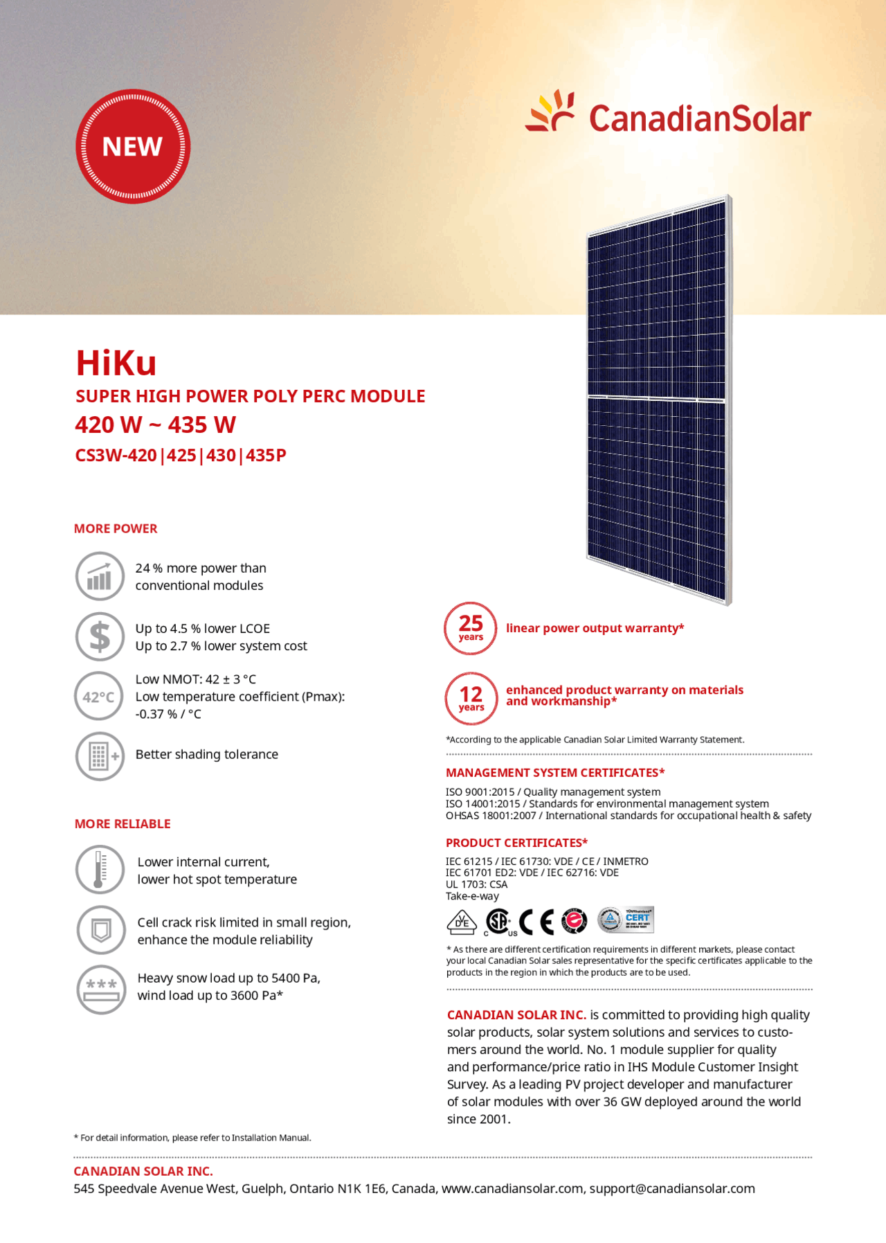 DATA SHEET PAINEIS FOTOVOLTAICOS CANADIAN SOLAR SERIE 4XX - Docsity